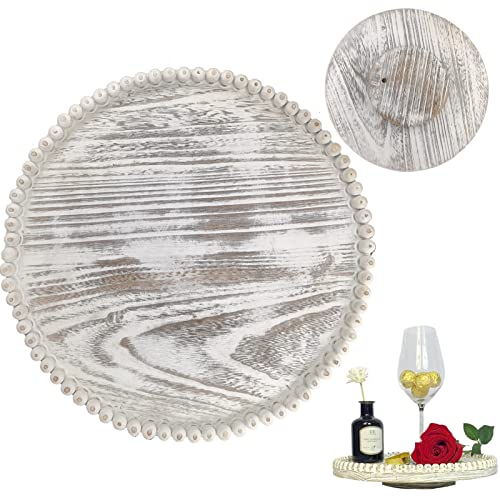 White Beaded Lazy Susan Wooden Kitchen Turntable Wooden Round Swivel Tray Kitchen Decorative Tray 360 Degree Rotation Lazy Susan Dining Table Sideboard Tray Rack Kitchen Decorative Tray (12")