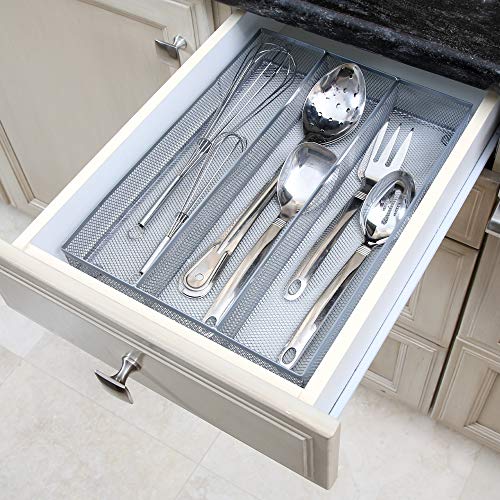 Smart Design 3 Compartment Drawer Organizer - Steel Metal Mesh Tray - Makeup Tray, Vanity, Utensils, Silverware Storage Bin - Kitchen - Silver