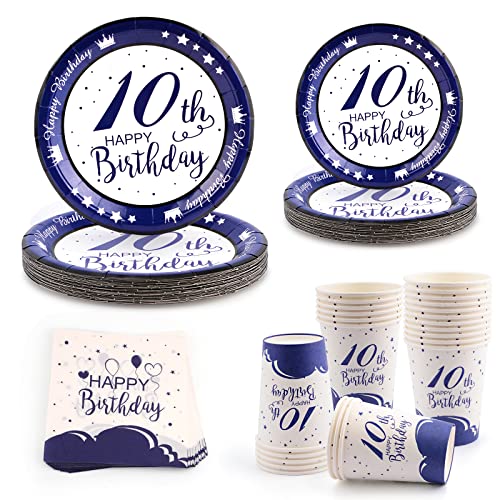 10th Birthday Decorations for Boys Girl, 96pcs Happy Birthday Plates and Napkins Navy Blue Party Tableware Set Party Supplies Paper Plates Napkins Cups 10th Birthday Plates - Serves 24 Guests