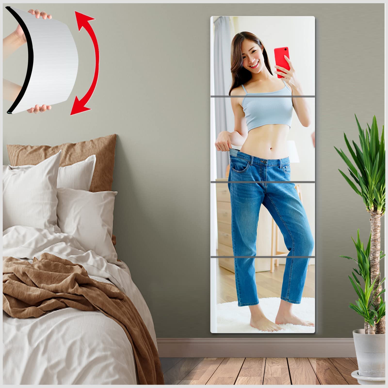 Bedroom Mirrors for Wall Mirror Full Length Mirror,Unbreakable Full Body Mirror Long,12 "x12" x4 Pack,Over The Door Mirror,Acrylic Large Mirror Wall Stickers Tiles,Espejos para Dormitorio,Decor Gym