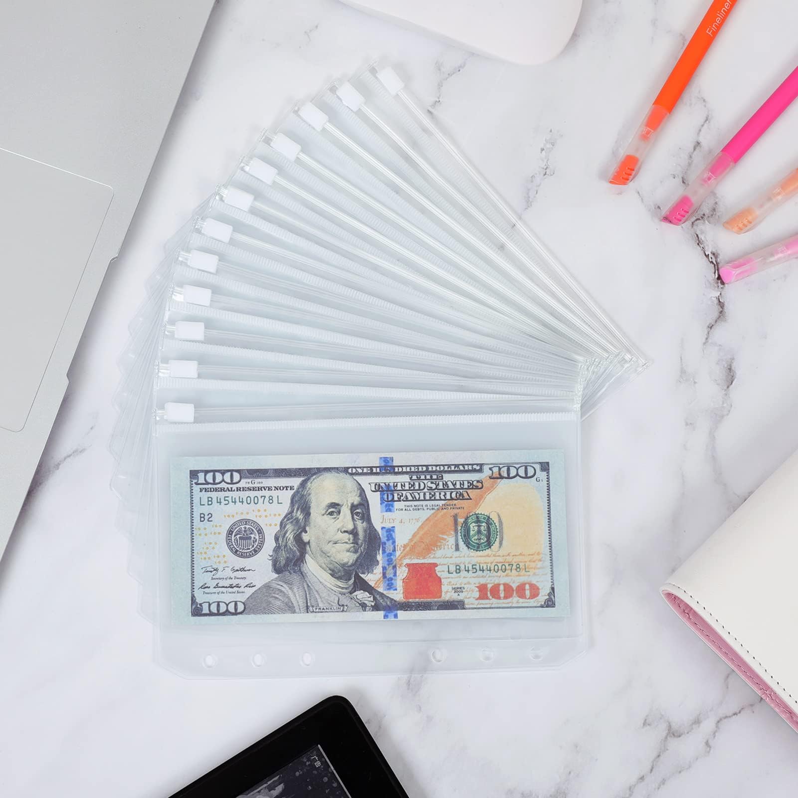 SKYDUE 12PCS Binder Pockets,A6 Size 6 Holes Zipper Cash Envelopes for A6 6-Ring Notebook Binder for School Home Office
