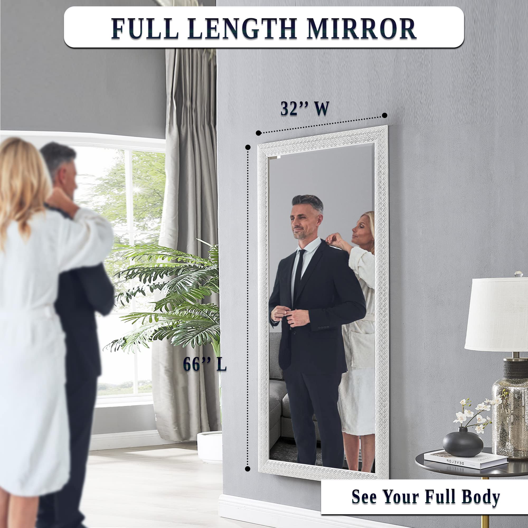 Naomi Home Samantha Woven Floor Mirror Full Length Mirror Standing Large Rectangle Full Body Long Mirrors for Bedroom Dressing Room Silver 66 L x 32 W