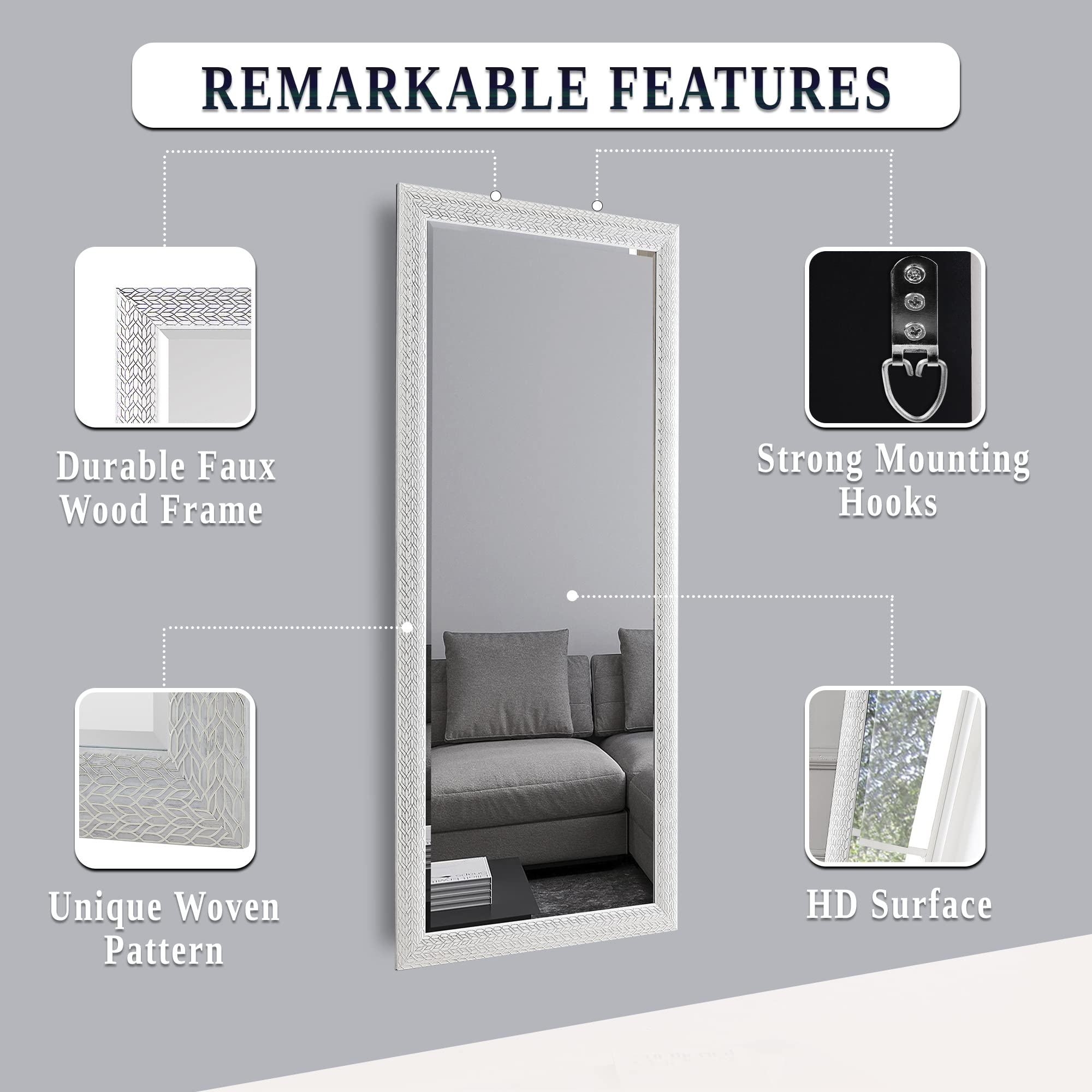 Naomi Home Samantha Woven Floor Mirror Full Length Mirror Standing Large Rectangle Full Body Long Mirrors for Bedroom Dressing Room Silver 66 L x 32 W