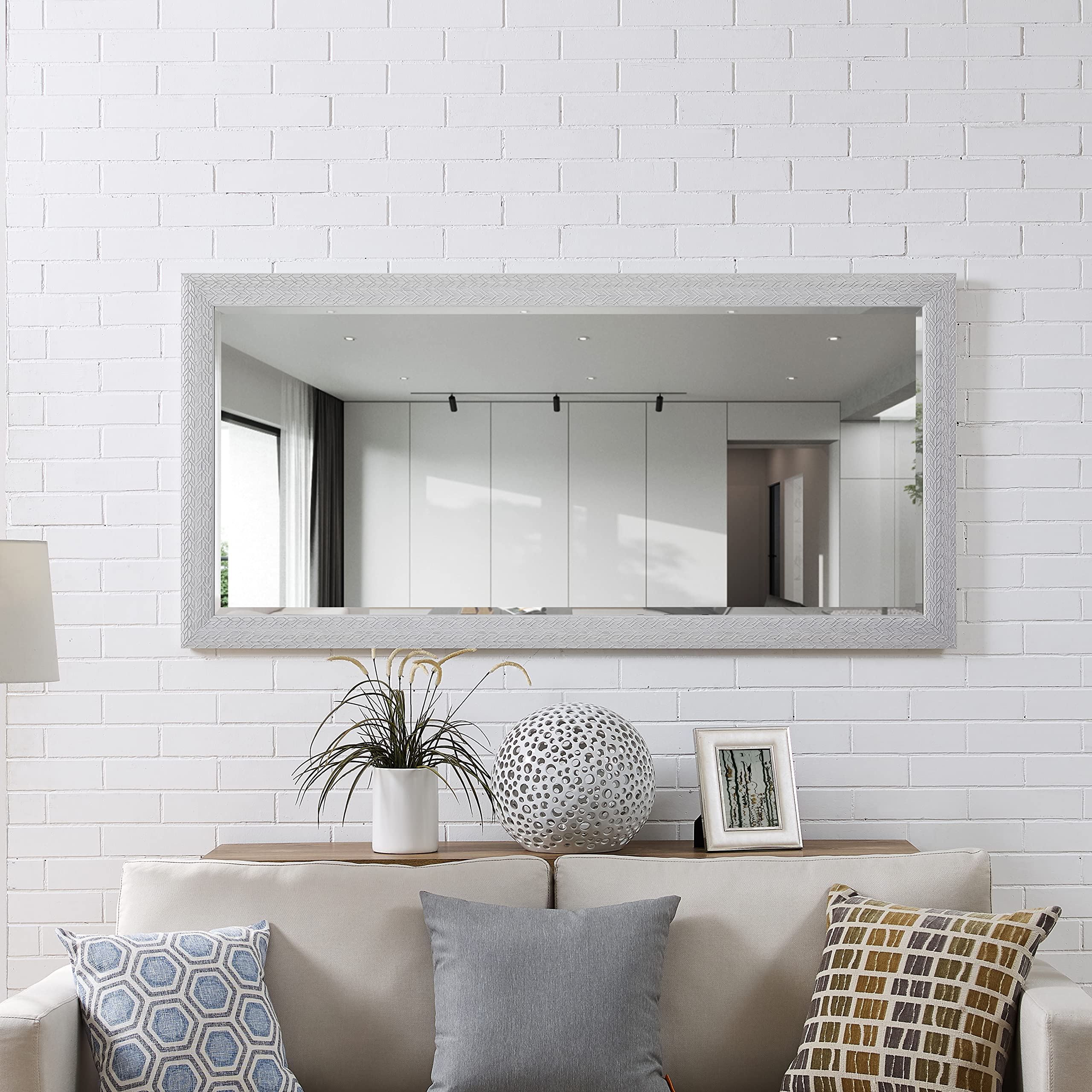 Naomi Home Samantha Woven Floor Mirror Full Length Mirror Standing Large Rectangle Full Body Long Mirrors for Bedroom Dressing Room Silver 66 L x 32 W