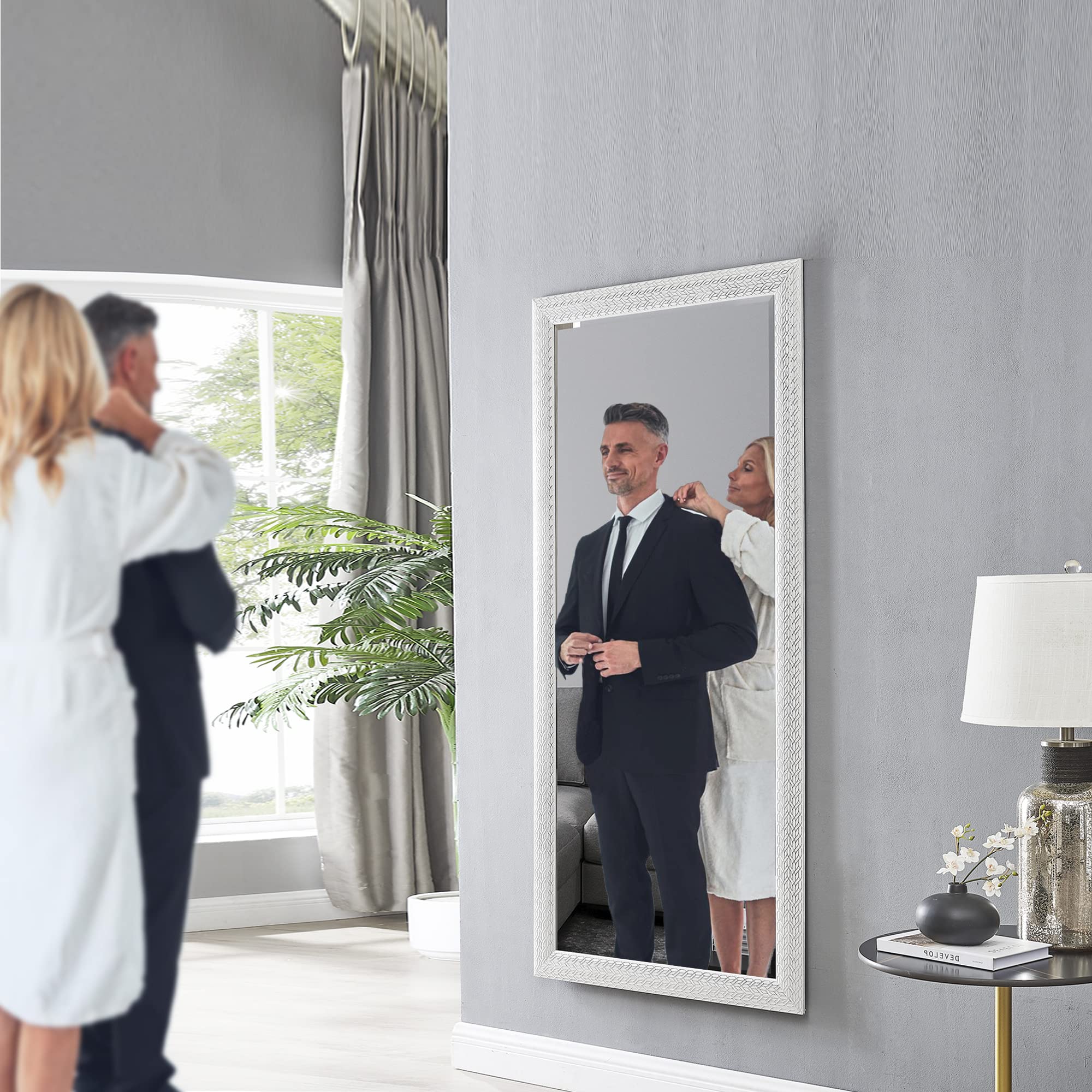 Naomi Home Samantha Woven Floor Mirror Full Length Mirror Standing Large Rectangle Full Body Long Mirrors for Bedroom Dressing Room Silver 66 L x 32 W