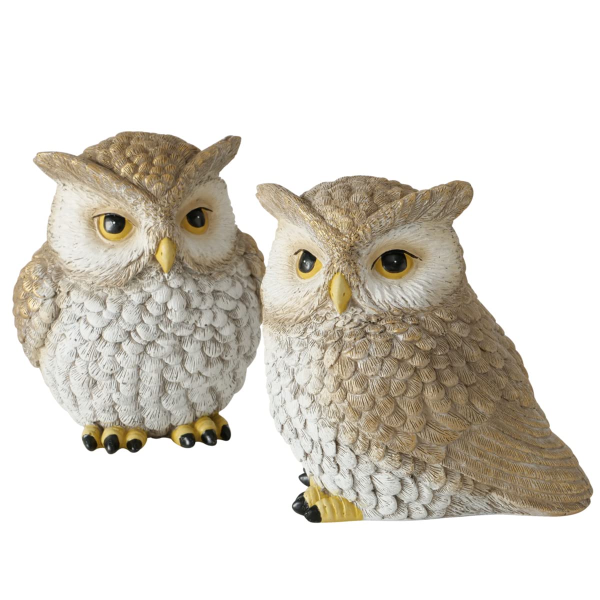 WHW Whole House Worlds Baby-Barn Owl Figurines, Set of 2, Gold, White and Yellow, Black Accents, Detailed Feathers, Hand Cast Resin, 4.75 Inches Each