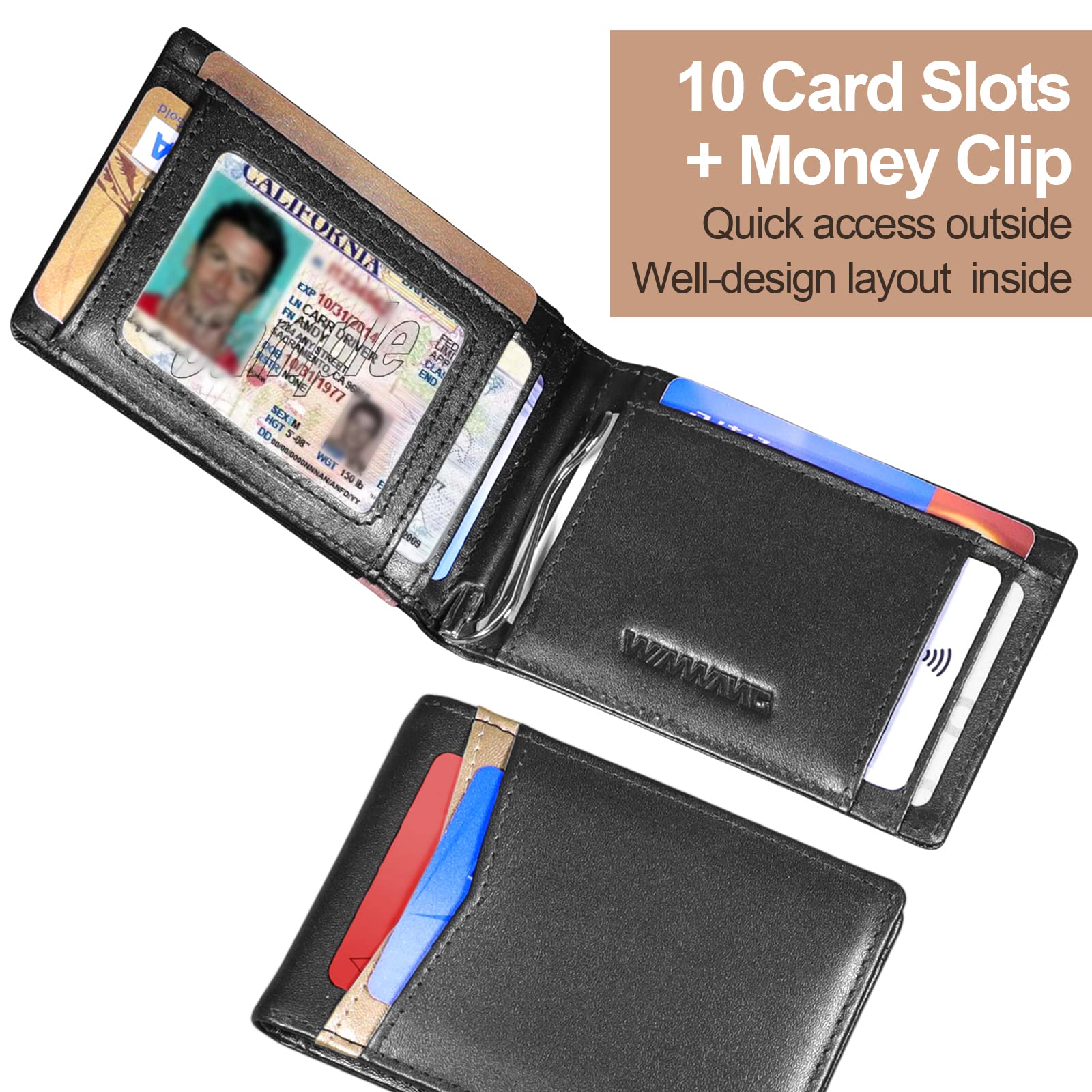 WINWANG Slim Wallet for Men with Money Clip Genuine Leather Minimalist Bifold RFID Blocking Front Pocket Wallet Present for Dad, Boyfriend, Husband.
