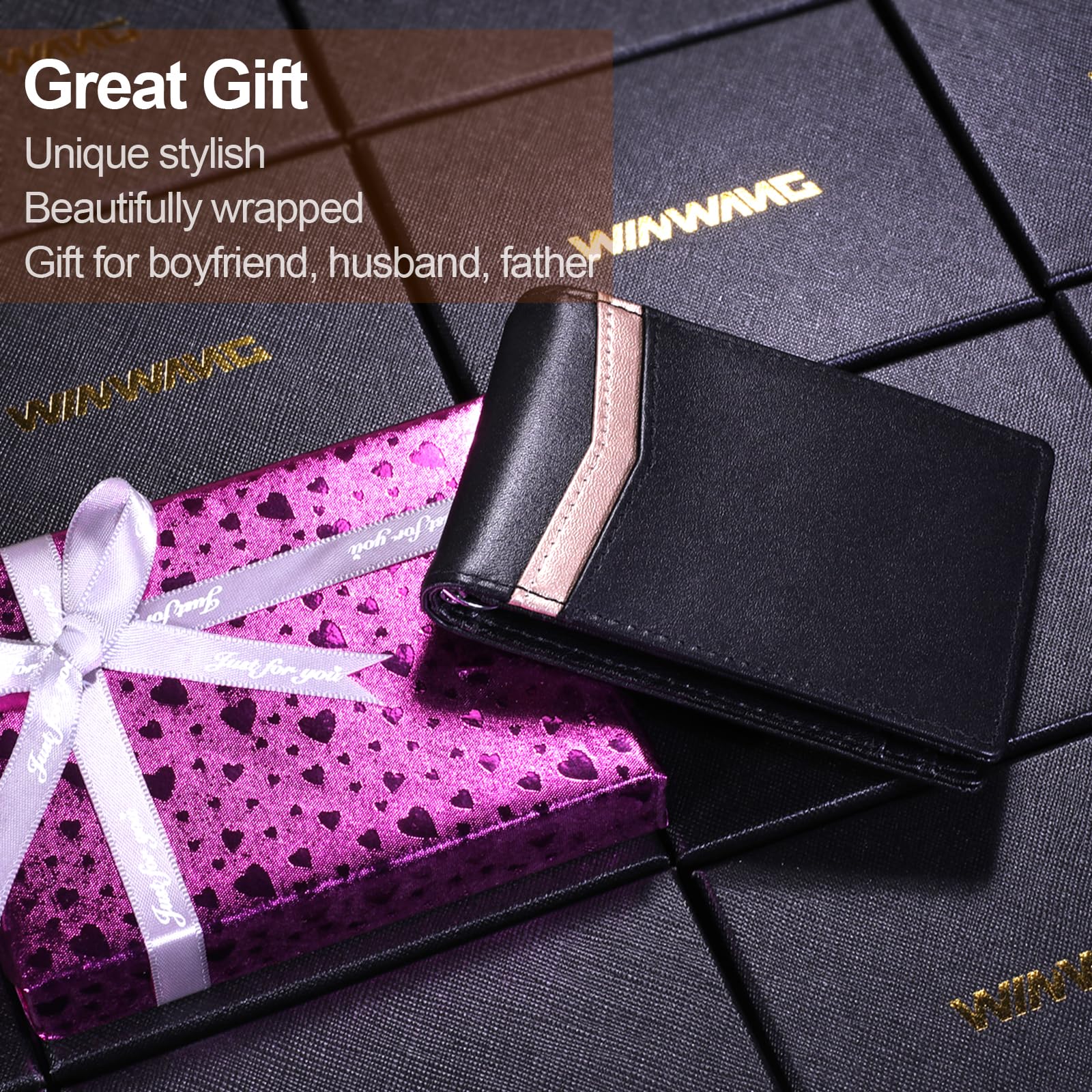 WINWANG Slim Wallet for Men with Money Clip Genuine Leather Minimalist Bifold RFID Blocking Front Pocket Wallet Present for Dad, Boyfriend, Husband.