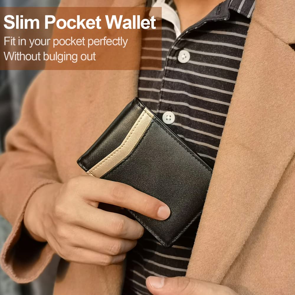 WINWANG Slim Wallet for Men with Money Clip Genuine Leather Minimalist Bifold RFID Blocking Front Pocket Wallet Present for Dad, Boyfriend, Husband.