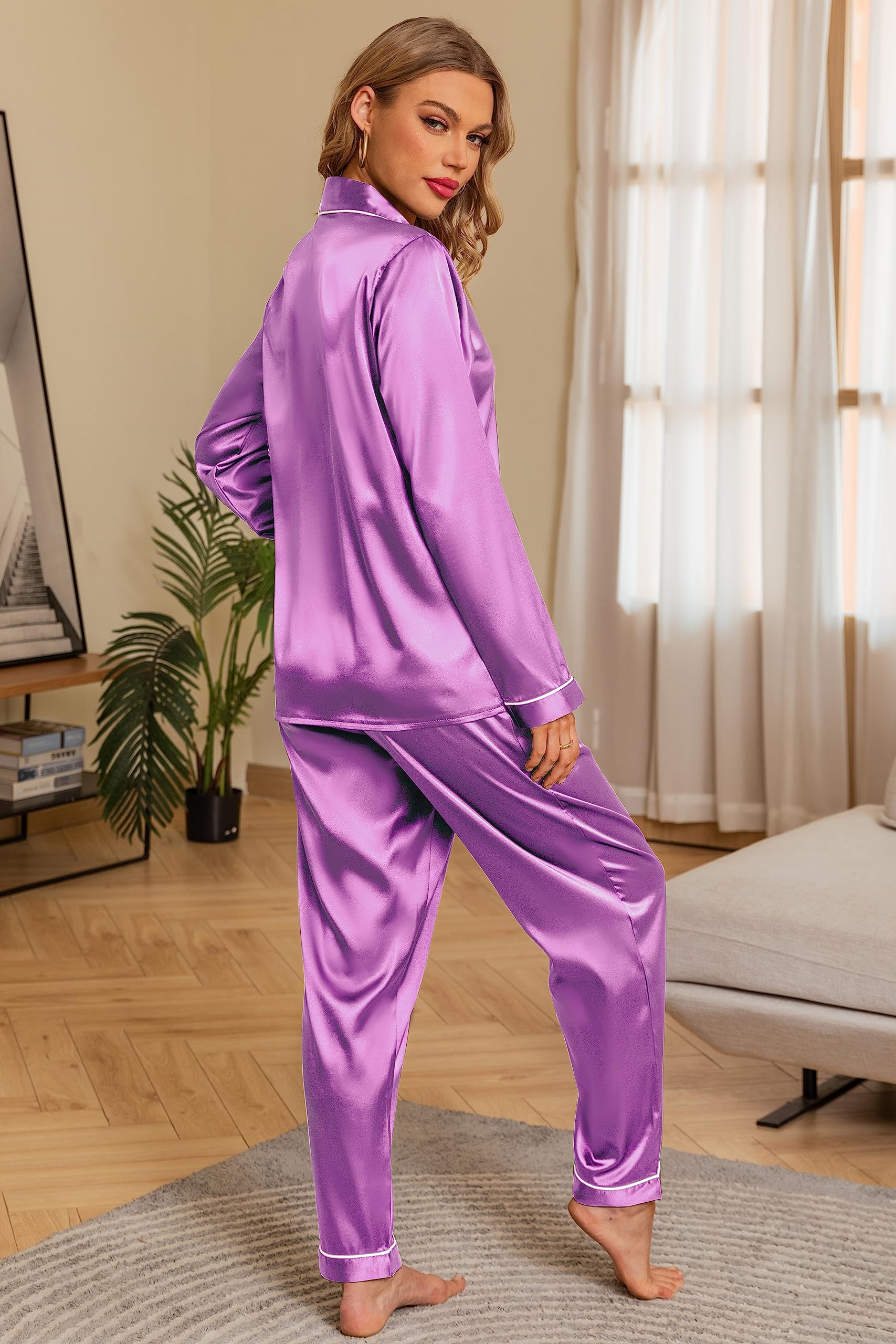 Anjue Womens Silk Satin Pajamas Button Up Pj Set for Women Casual Wear Long Sleeve Comfy Nightwear Pjs Set(Lavender,L)