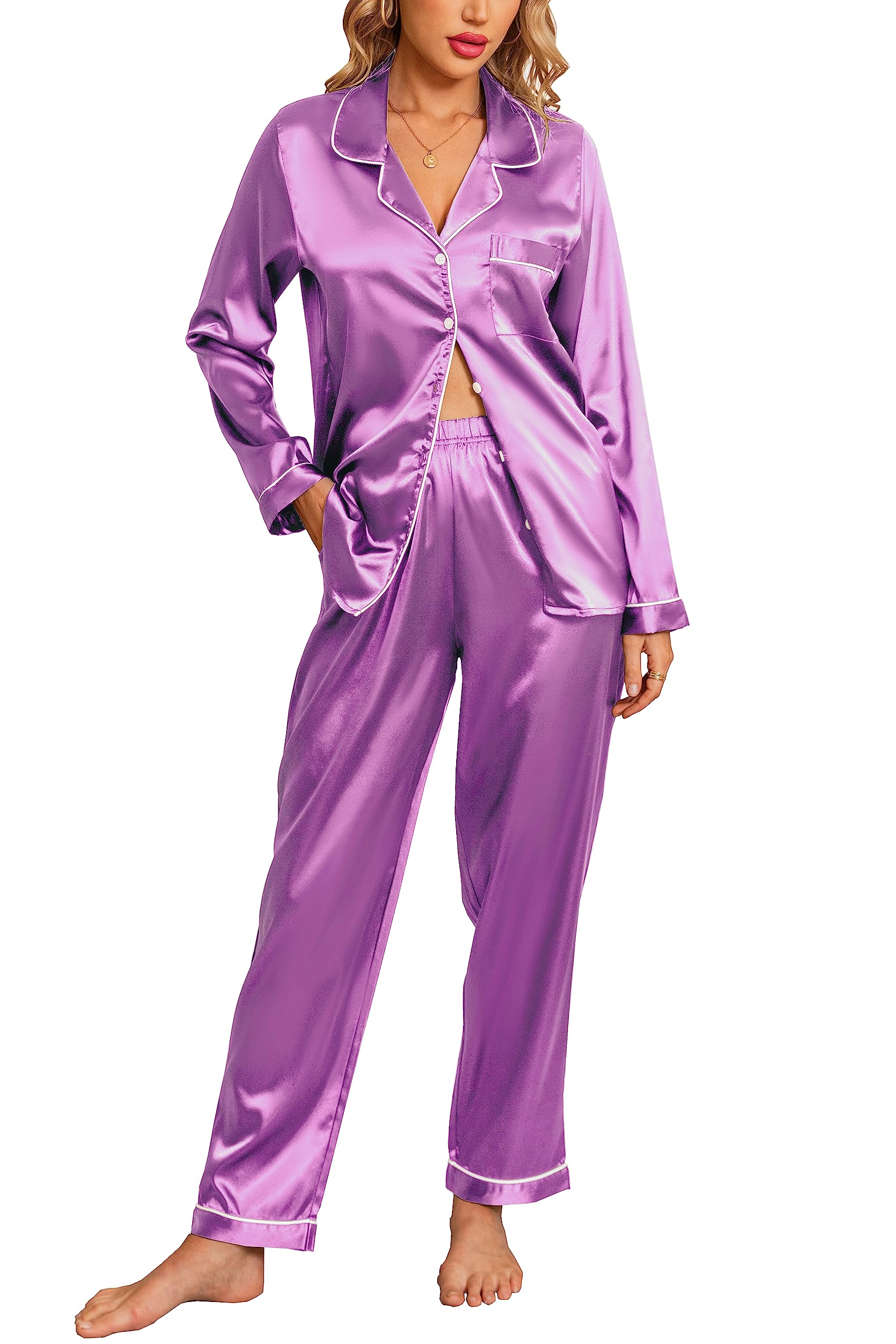 Anjue Womens Silk Satin Pajamas Button Up Pj Set for Women Casual Wear Long Sleeve Comfy Nightwear Pjs Set(Lavender,L)