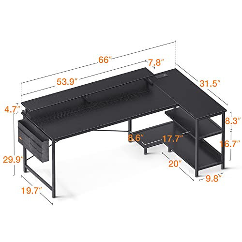 ODK L Shaped 66 Inch Computer Desk with USB Charging Port & Power Outlet, L-Shaped Gaming Desk with Storage Shelves & Monitor Shelf for Home Office Workstation, Modern Writing Table, Black