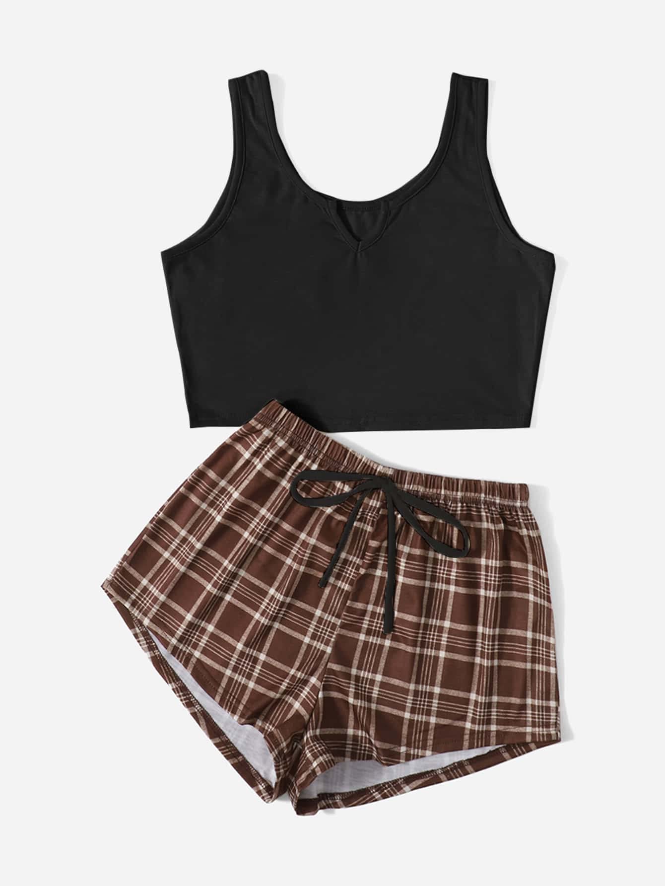 WDIRARA Women's 2 Piece Crop Tank Top and Plaid Drawstring Waist Shorts Pj Set Black and Red M
