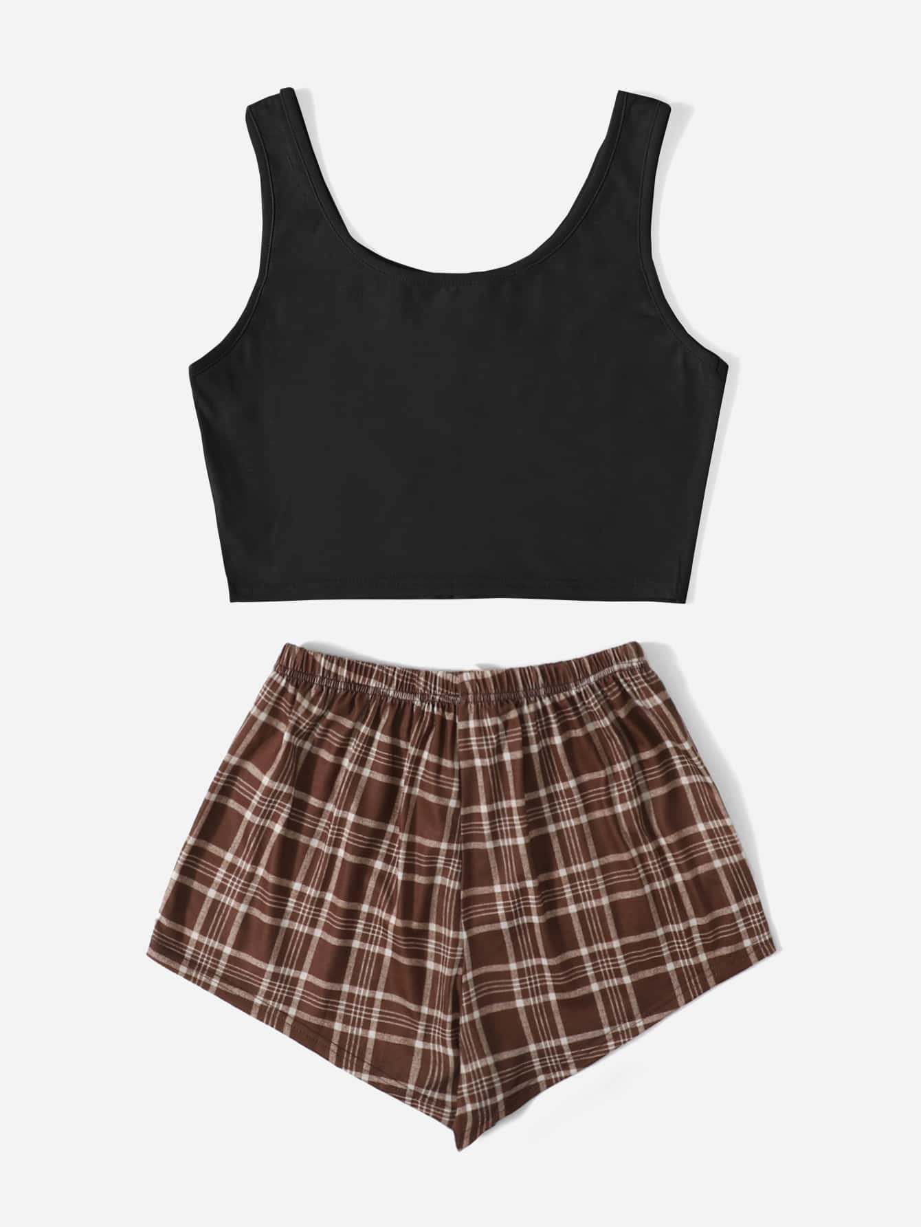 WDIRARA Women's 2 Piece Crop Tank Top and Plaid Drawstring Waist Shorts Pj Set Black and Red M