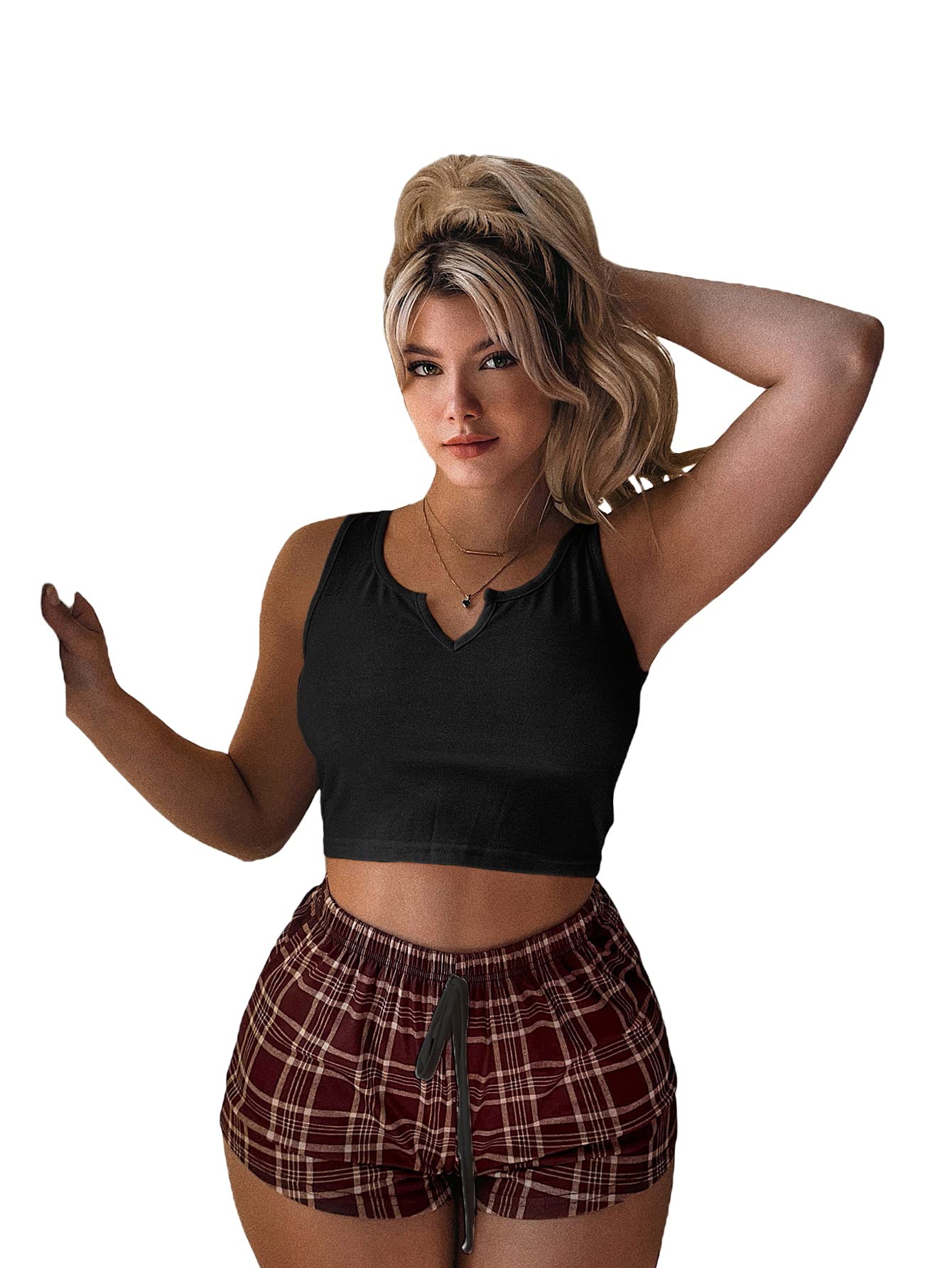 WDIRARA Women's 2 Piece Crop Tank Top and Plaid Drawstring Waist Shorts Pj Set Black and Red M