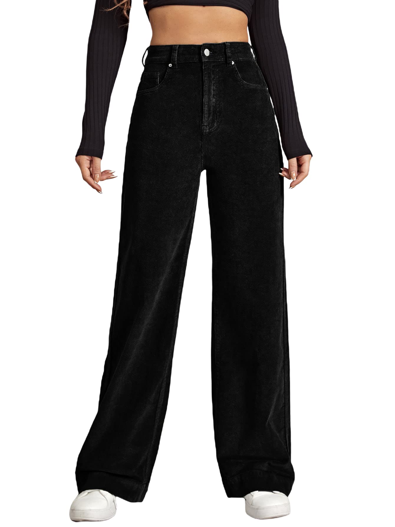 Floerns Women's Hight Waist Corduroy Velvet Slant Pocket Wide Leg Pants Black L