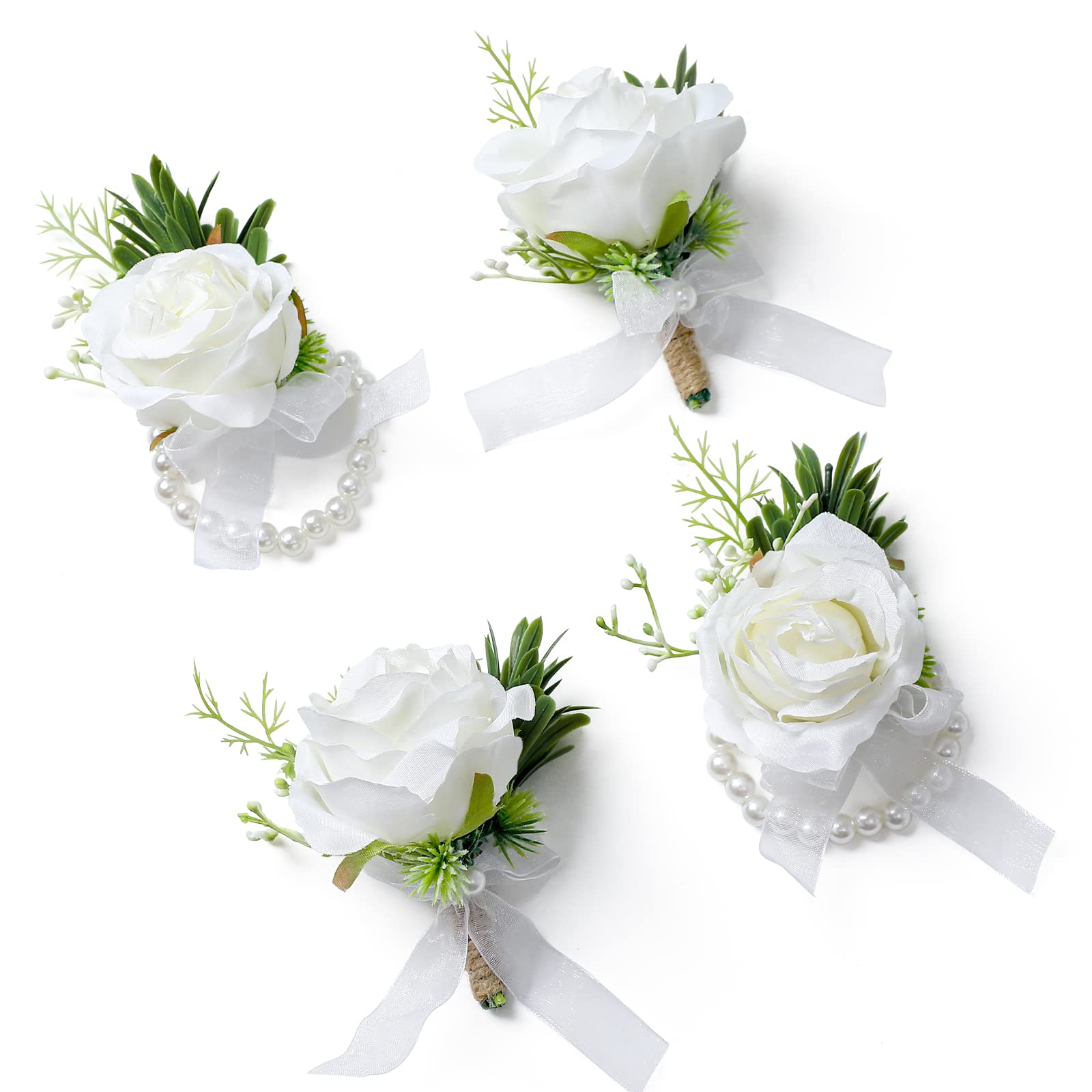 Senseya Wrist Corsage Wristlet Band Bracelet for Girls Women Bride Bridesmaid, Corsages Wristlet Artificial Silk Roseboutonniere Hand Flower Prom Decor (2 Boutonniere & 2 Wrist Corsage White)