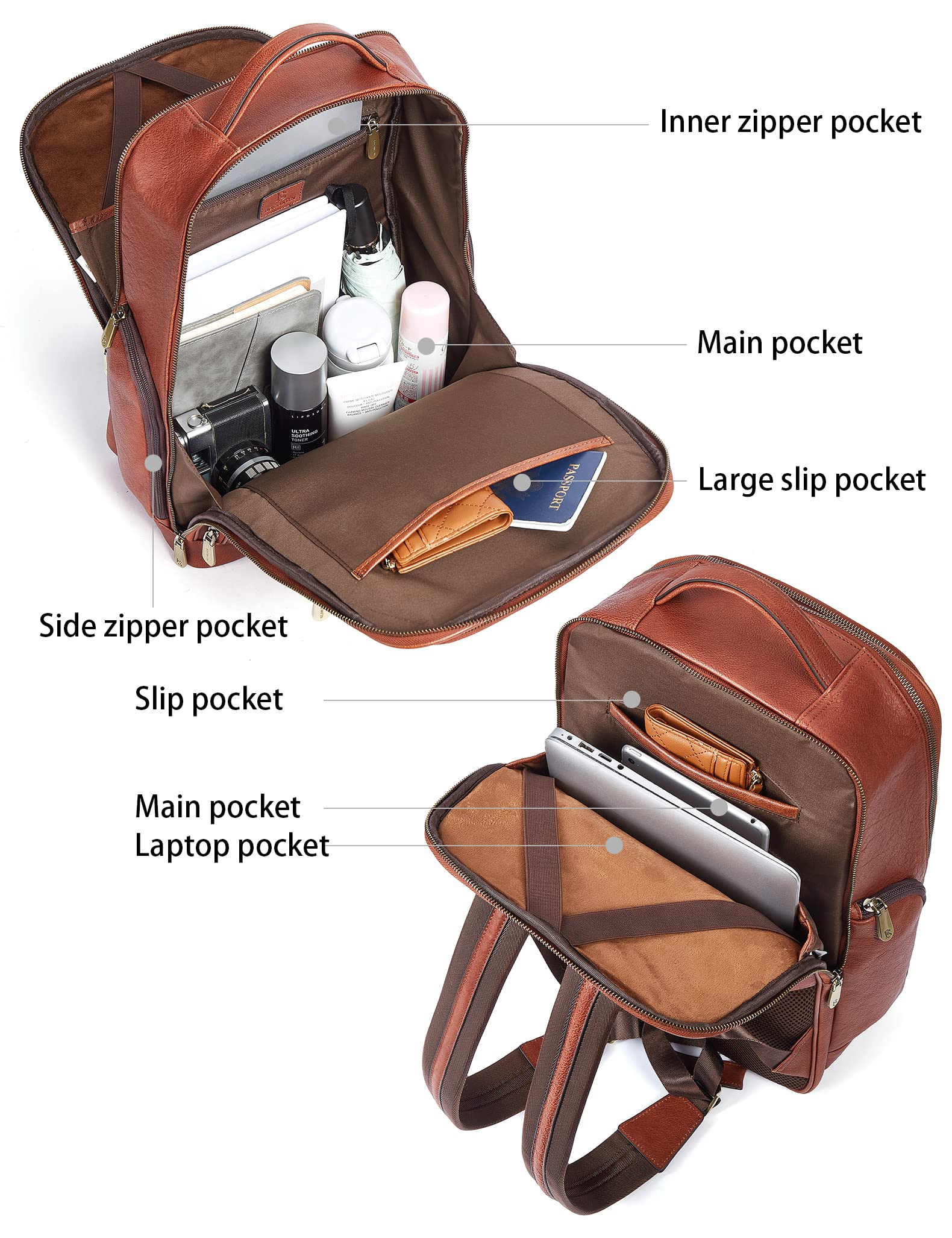 BOSTANTEN Leather Backpacks College 15.6” Laptop Travel Computer Shoulder Backpack For Men Coffeebrown