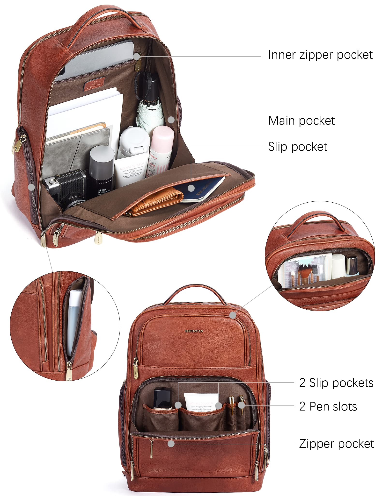 BOSTANTEN Leather Backpacks College 15.6” Laptop Travel Computer Shoulder Backpack For Men Coffeebrown