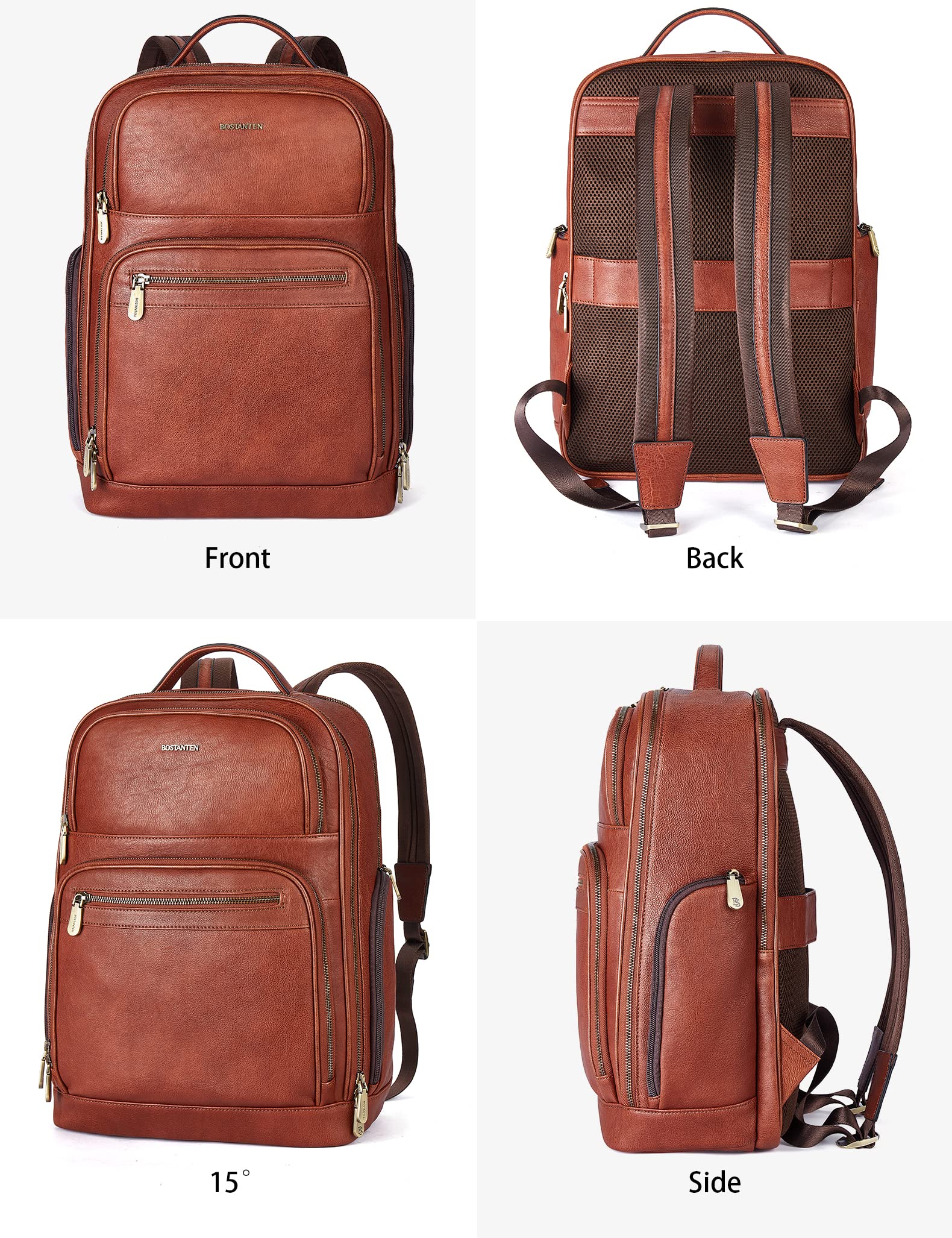 BOSTANTEN Leather Backpacks College 15.6” Laptop Travel Computer Shoulder Backpack For Men Coffeebrown