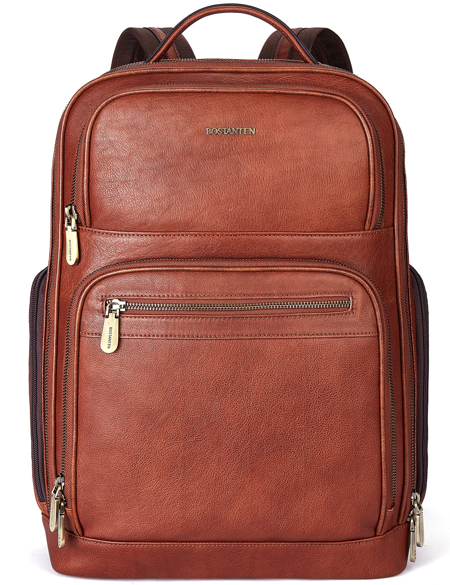 BOSTANTEN Leather Backpacks College 15.6” Laptop Travel Computer Shoulder Backpack For Men Coffeebrown