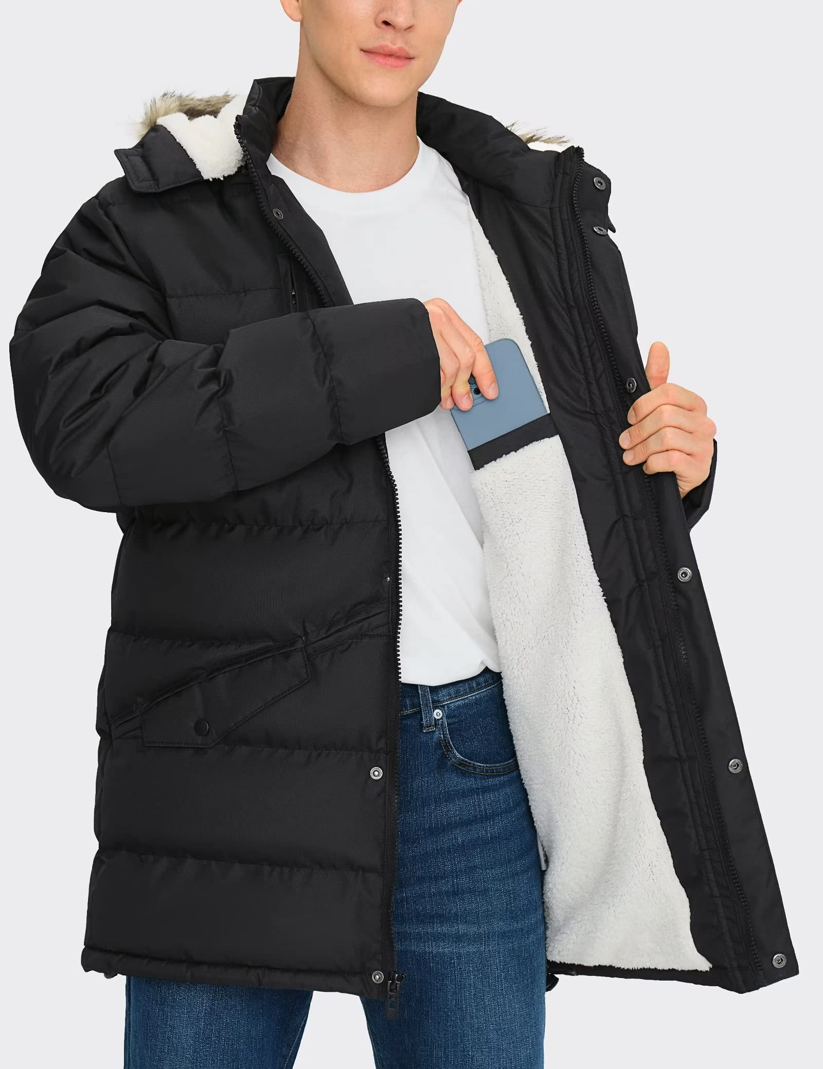 Rejork Men's Long Winter Coats Warm Water Resistant Puffy Hooded Windbreaker Insulated Thicken Jackets with Hood Black X-Large