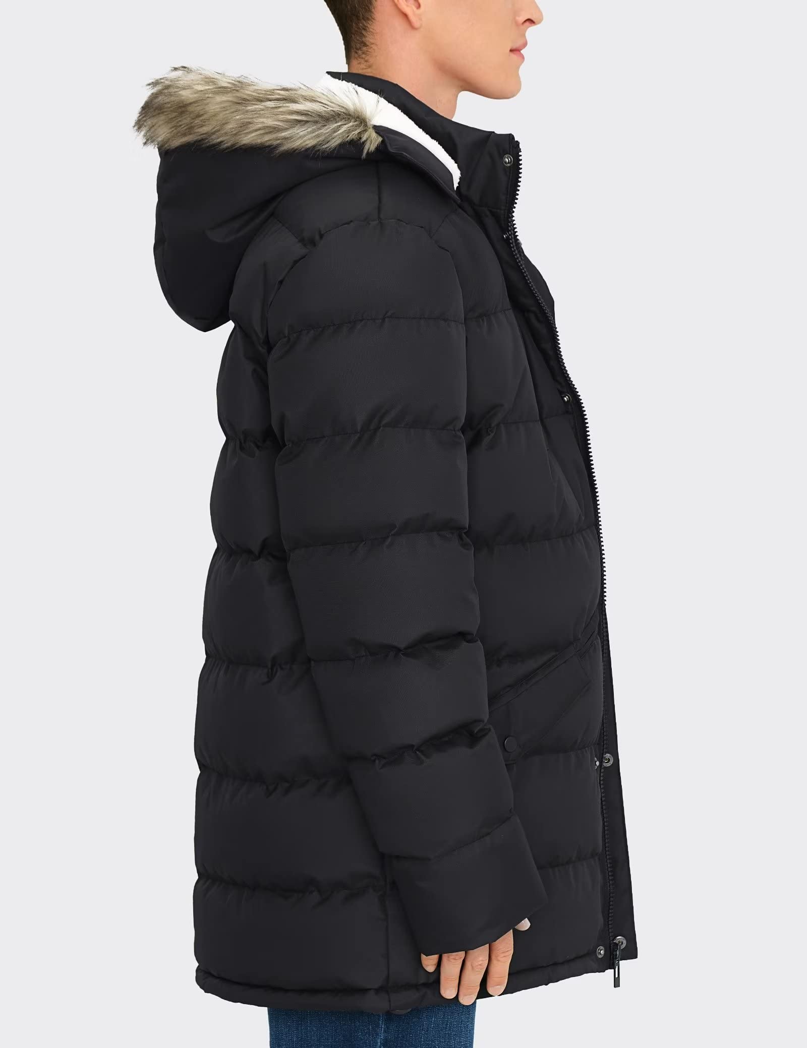 Rejork Men's Long Winter Coats Warm Water Resistant Puffy Hooded Windbreaker Insulated Thicken Jackets with Hood Black X-Large