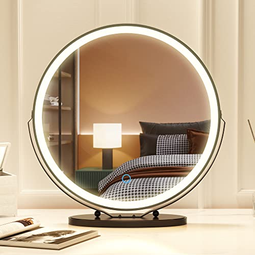 Vlsrka 20 inch Vanity Mirror with Lights, Round LED Makeup Mirror, Large Makeup Mirror with Lights, High Definition Lighted Up Mirror for Bedroom, Touch Control 3 Color Dimmable, 360° Rotation, Black