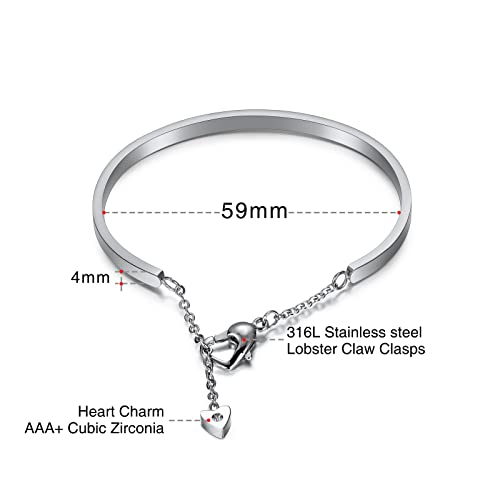 INBLUE Personalized Identification ID Bracelet Bangle for Women Men Name Engraved Adjustable Stainless Steel Cuff Water-Resistant Gift for Girlfriend Sister Bridesmaid Gifts (Silver)