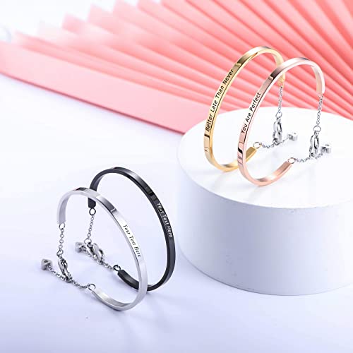 INBLUE Personalized Identification ID Bracelet Bangle for Women Men Name Engraved Adjustable Stainless Steel Cuff Water-Resistant Gift for Girlfriend Sister Bridesmaid Gifts (Silver)