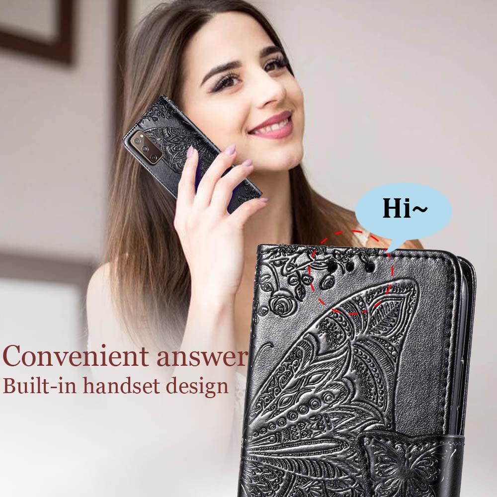 KRHGEIK Designed for Samsung Galaxy S20 FE Case Wallet,Women Flip Cover with Butterfly Embossed PU Leather Kickstand Credit Card Holder Slots Magnetic Wrist Strap Phone Case (Black)