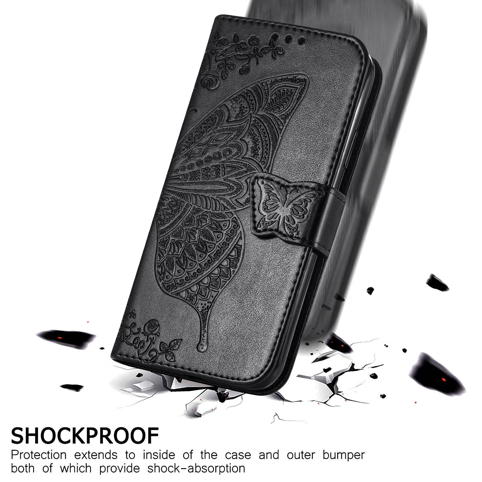 KRHGEIK Designed for Samsung Galaxy S20 FE Case Wallet,Women Flip Cover with Butterfly Embossed PU Leather Kickstand Credit Card Holder Slots Magnetic Wrist Strap Phone Case (Black)