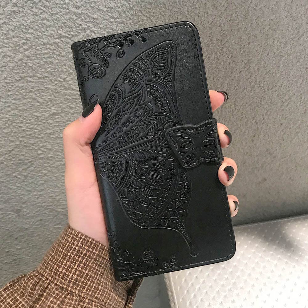 KRHGEIK Designed for Samsung Galaxy S20 FE Case Wallet,Women Flip Cover with Butterfly Embossed PU Leather Kickstand Credit Card Holder Slots Magnetic Wrist Strap Phone Case (Black)