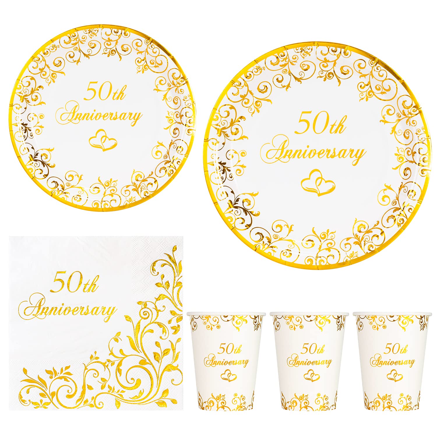 Crisky Gold Foil 50th Anniversary Napkins Plates Cups Set for 50th Anniversary Party Decorations Party Supplies Tableware, Set of 24 (9" Plates,7" Plates, Luncheon Napkins, 9oz Cups)