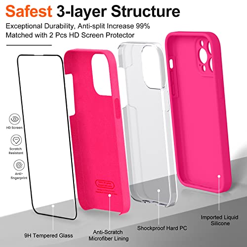 TISOOG Compatible with iPhone 14 Pro Case for Women,with 2 Pcs 9H Tempered Glass Screen Protector,[Camera Protection][Microfiber Lining] Slim Shockproof Silicone Case for iPhone 14 Pro, Hot Pink