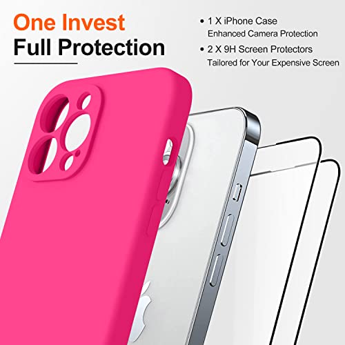 TISOOG Compatible with iPhone 14 Pro Case for Women,with 2 Pcs 9H Tempered Glass Screen Protector,[Camera Protection][Microfiber Lining] Slim Shockproof Silicone Case for iPhone 14 Pro, Hot Pink