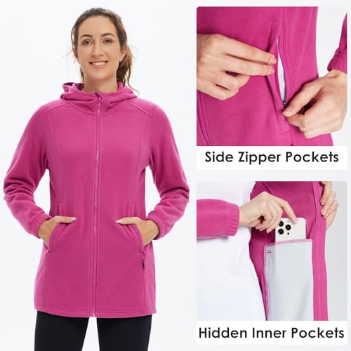 baleaf Women's Fleece Jacket Long Zip Up Hoodie Lightweight Thermal Sweater Coat for Hiking Travel Rouge Pink XL
