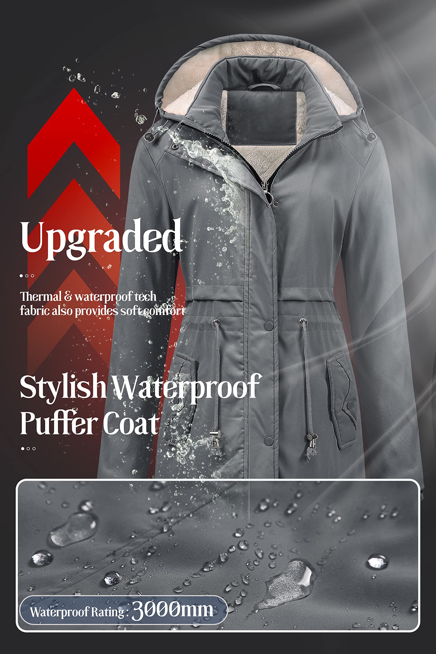 Chrisuno Ladies Winter Coats For Women Hooded Warm Down Alternative Outerwear Parka Jackets Grey XL