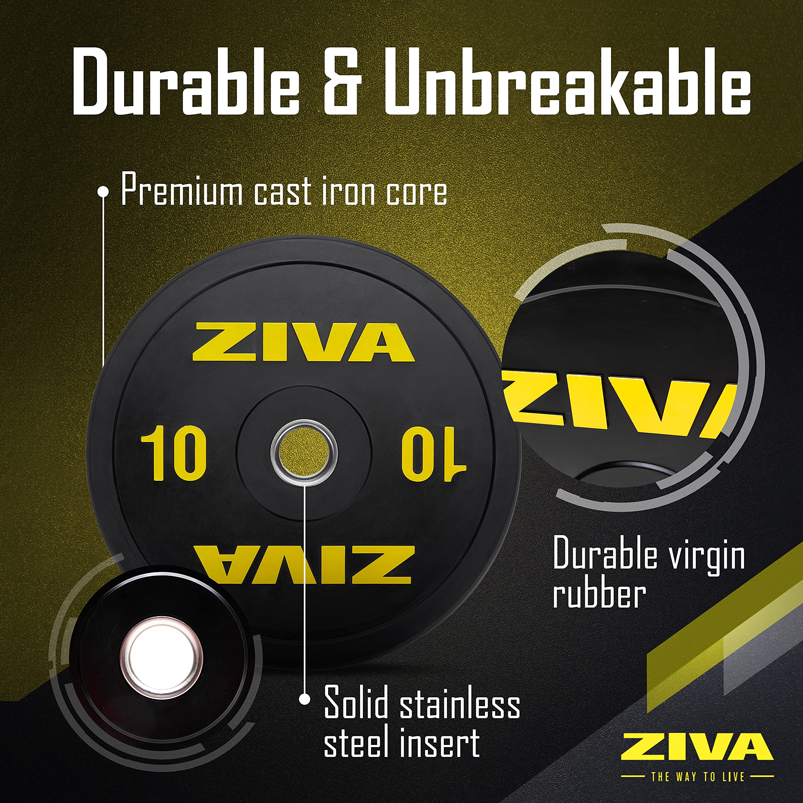 ZIVA Rubber Bumper Weight Plate - One Piece 10 lbs. Strength Training Plate - Fits 2” Olympic Bars - Precision-Calibrated Iron Weight, Ultra Durable Premium Virgin Rubber Coating - Low Bounce (10)