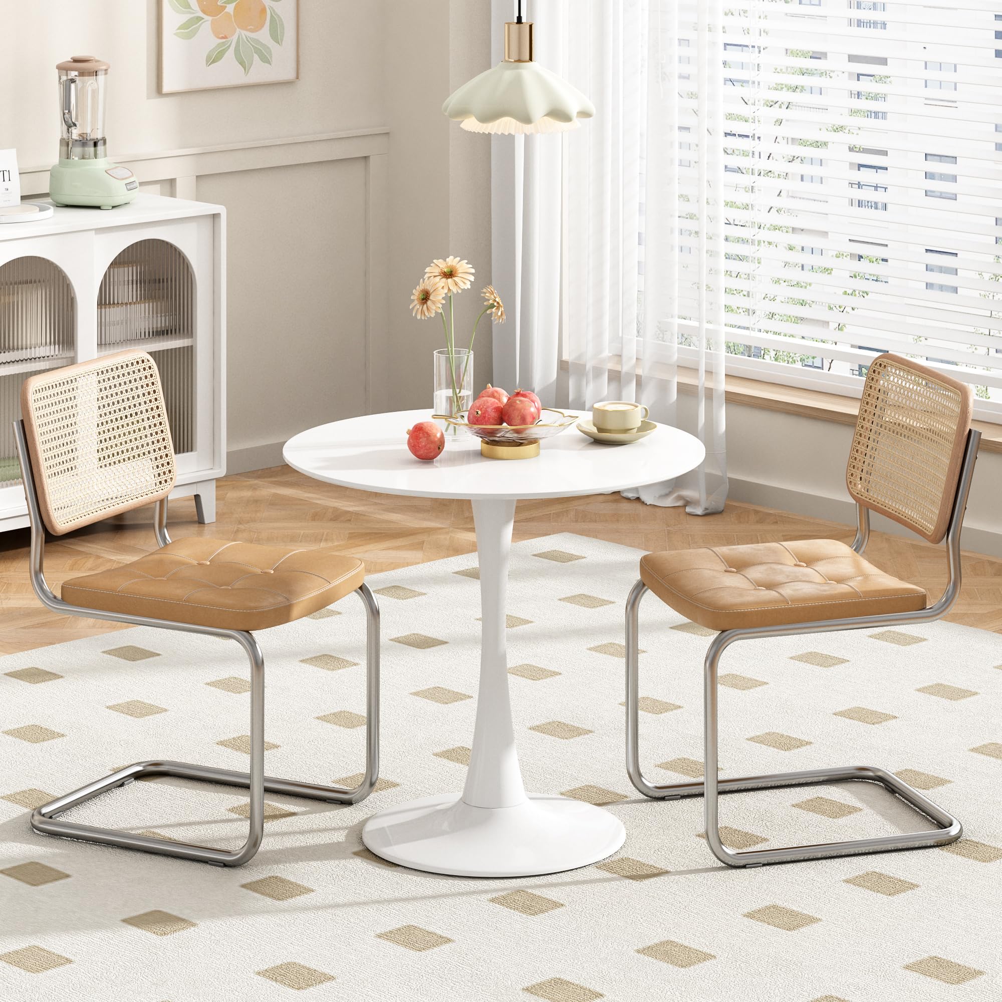 JAXPETY 31.5" Modern Round Tulip Table White Dining Table Mid-Century Leisure Table with Pedestal Base for Living Room Kitchen Coffee Shop Home Office