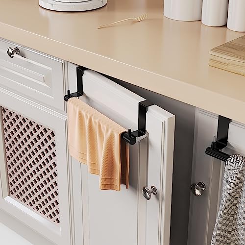 VEHHE Kitchen Towel Holder-2pcs, 9-Inches, Dish Towel Holder with 2 Hooks, Towel Holder for Kitchen Cabinet with EVA Foam Pads, Over The Door Towel Holder for Kitchen and Bathroom (Black)