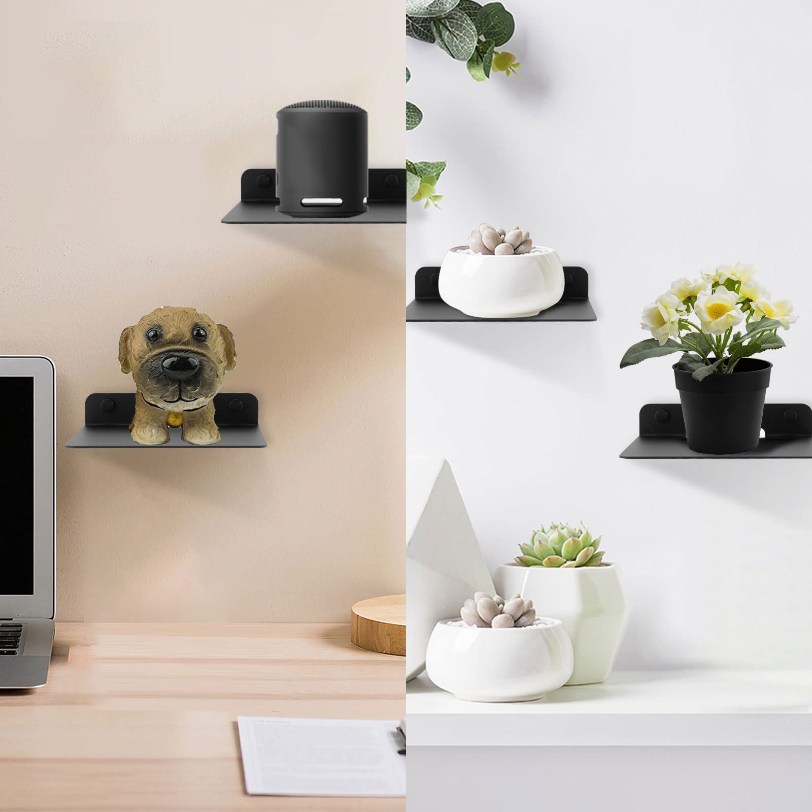 WISDING Small Floating Shelves, 4.25'' Wall Metal Speaker Mount Shelves for Bluetooth Speaker, Webcam, Cell Phones, Mesh Router, Toy Display Shelf Speakers Shelf, 2 Pack, Black, JSZWJ001