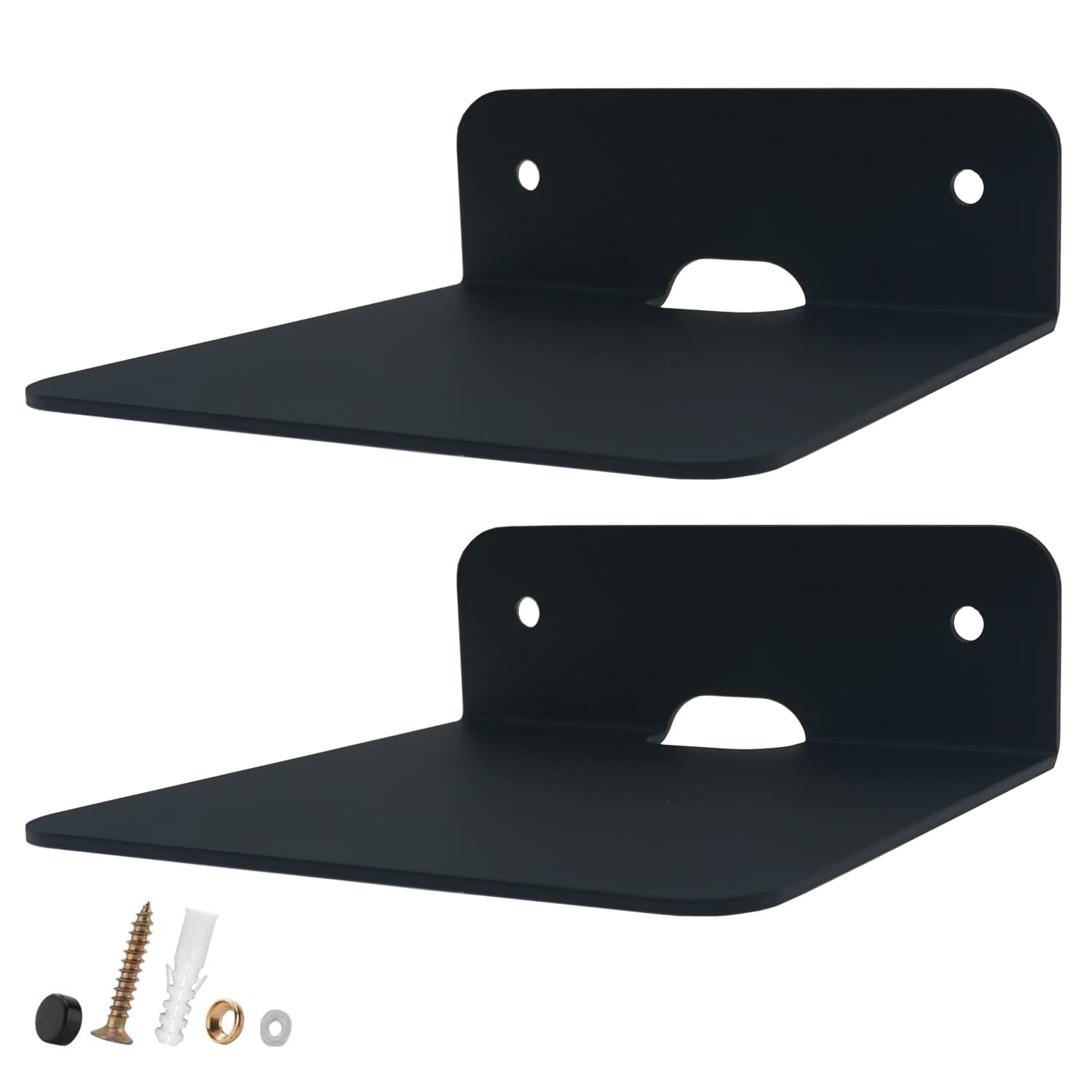 WISDING Small Floating Shelves, 4.25'' Wall Metal Speaker Mount Shelves for Bluetooth Speaker, Webcam, Cell Phones, Mesh Router, Toy Display Shelf Speakers Shelf, 2 Pack, Black, JSZWJ001