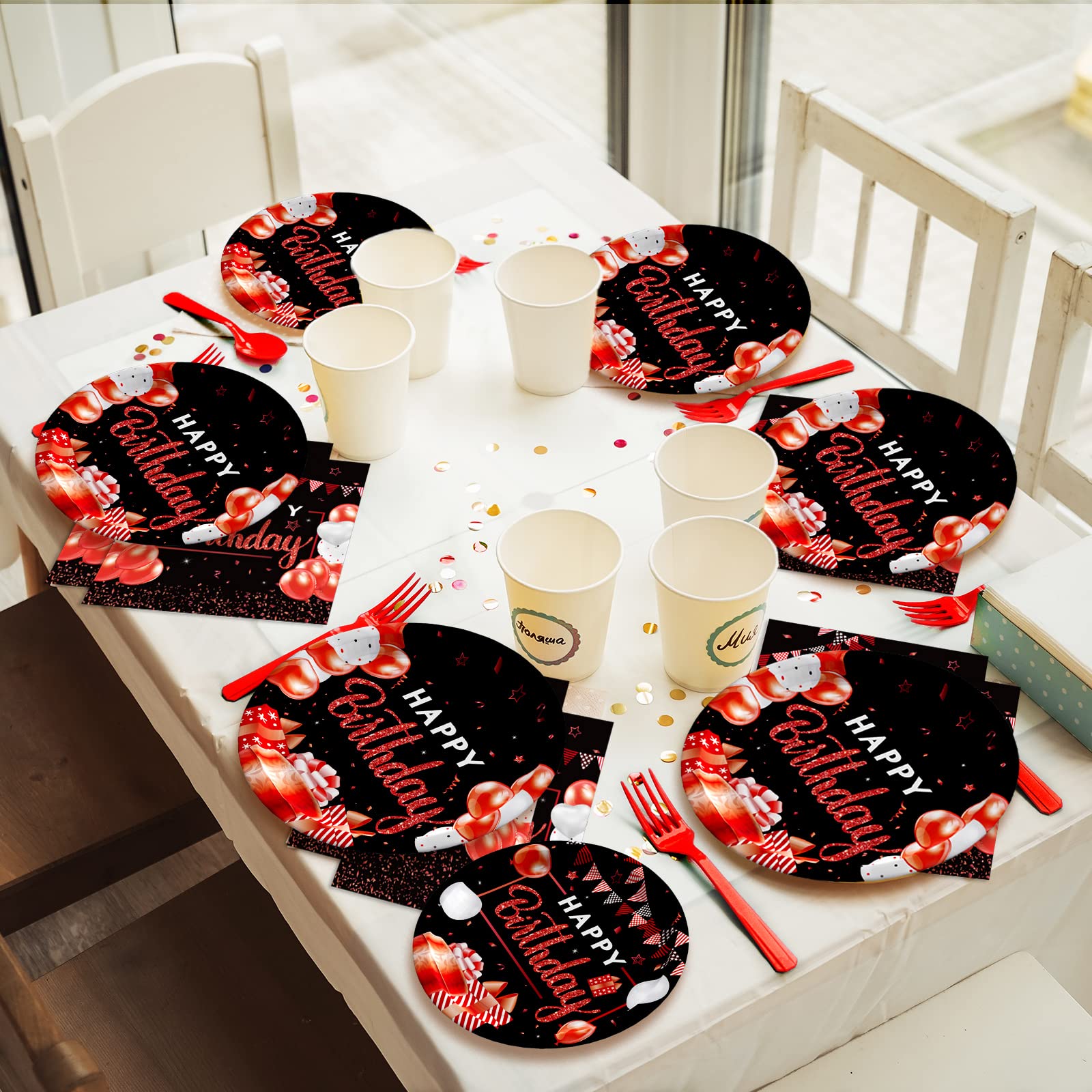 96 Pieces Red and Black Tableware Set Confetti Sprinkles Happy Birthday Party Decorations Table Decors for Men Women Plates Napkins Forks for 24 Guests