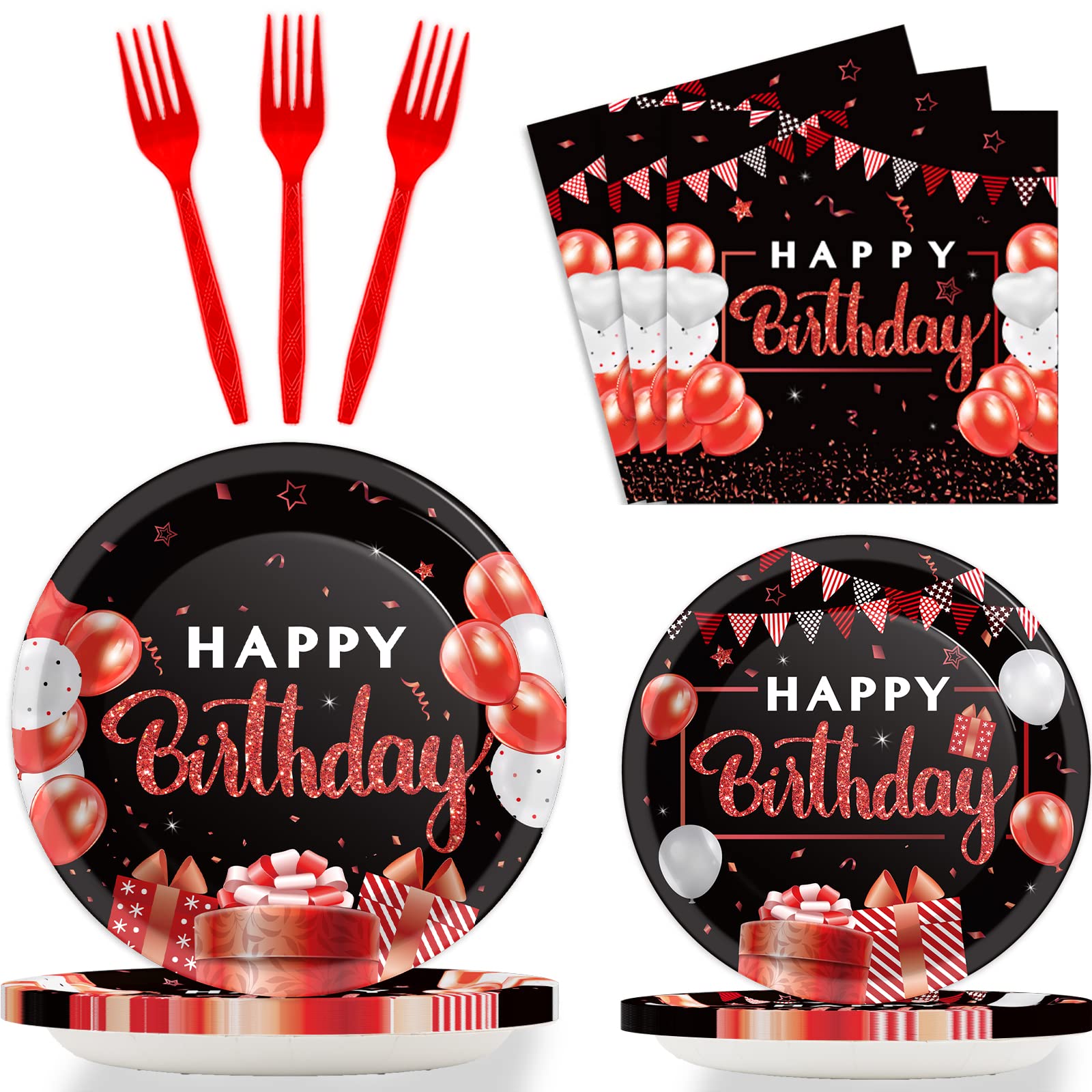 96 Pieces Red and Black Tableware Set Confetti Sprinkles Happy Birthday Party Decorations Table Decors for Men Women Plates Napkins Forks for 24 Guests