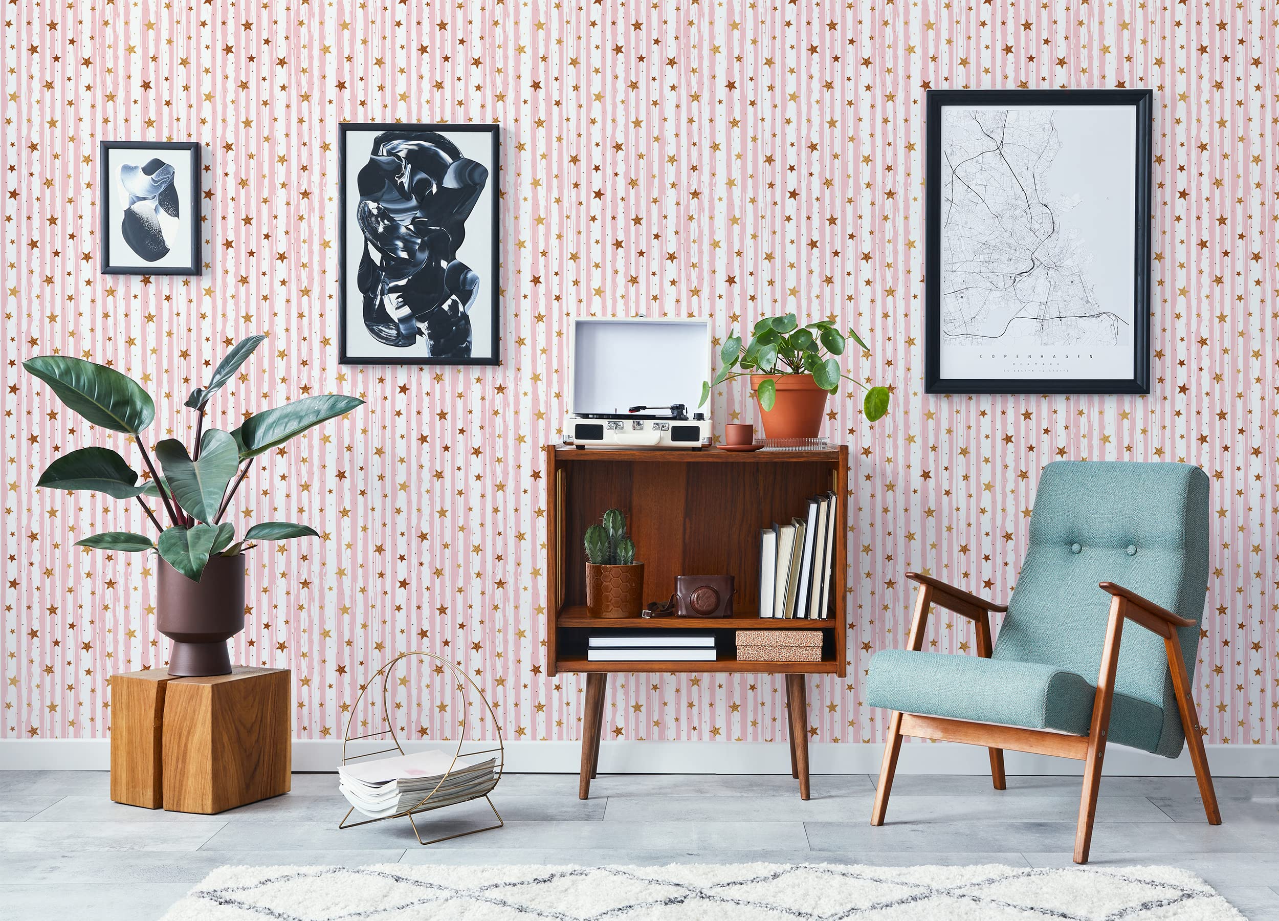 AMAZING WALL Home Modern Peel and Stick Glitter Pink Striped Stars Printed Wallpaper Self Adhesive Bedroom, 15.7*198''