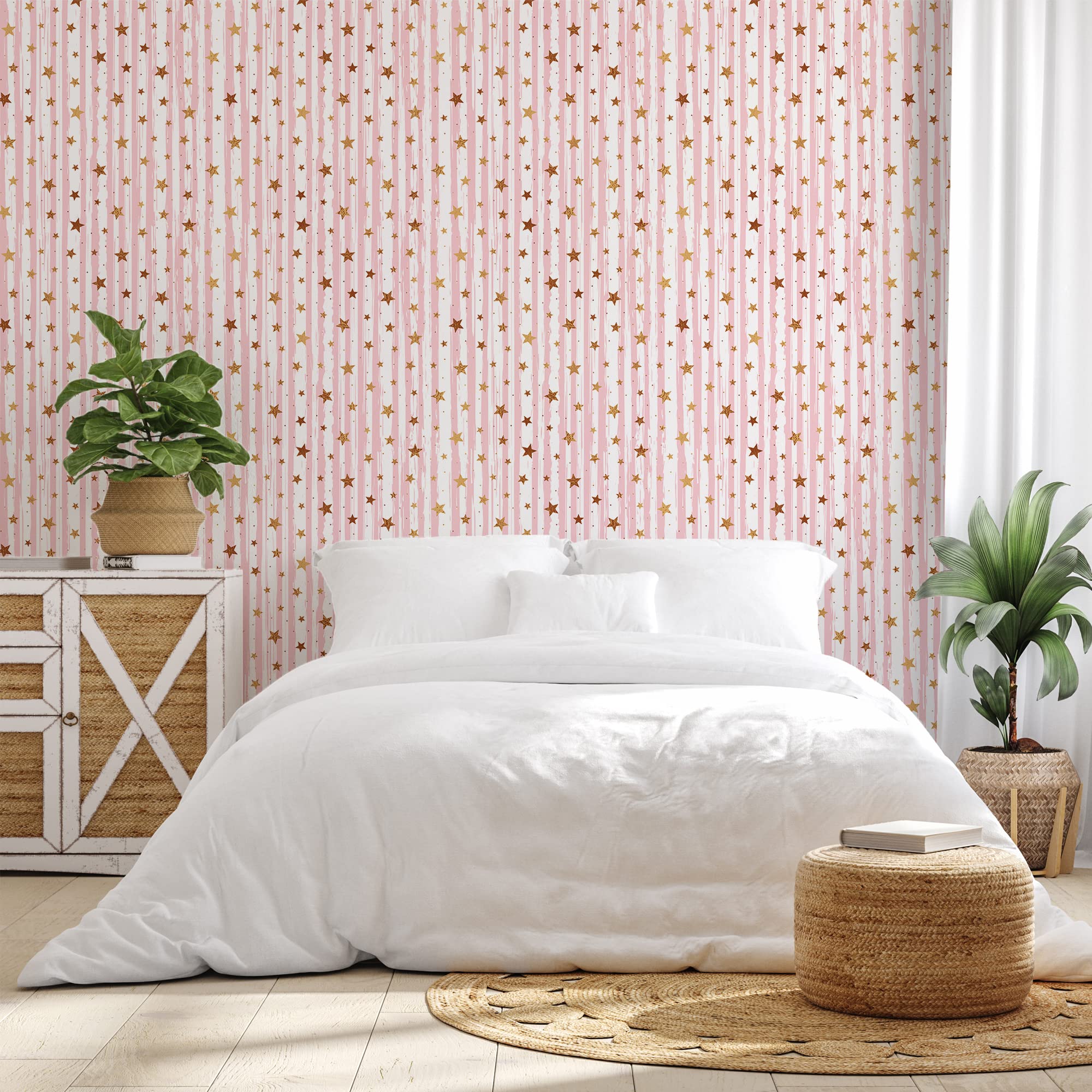 AMAZING WALL Home Modern Peel and Stick Glitter Pink Striped Stars Printed Wallpaper Self Adhesive Bedroom, 15.7*198''