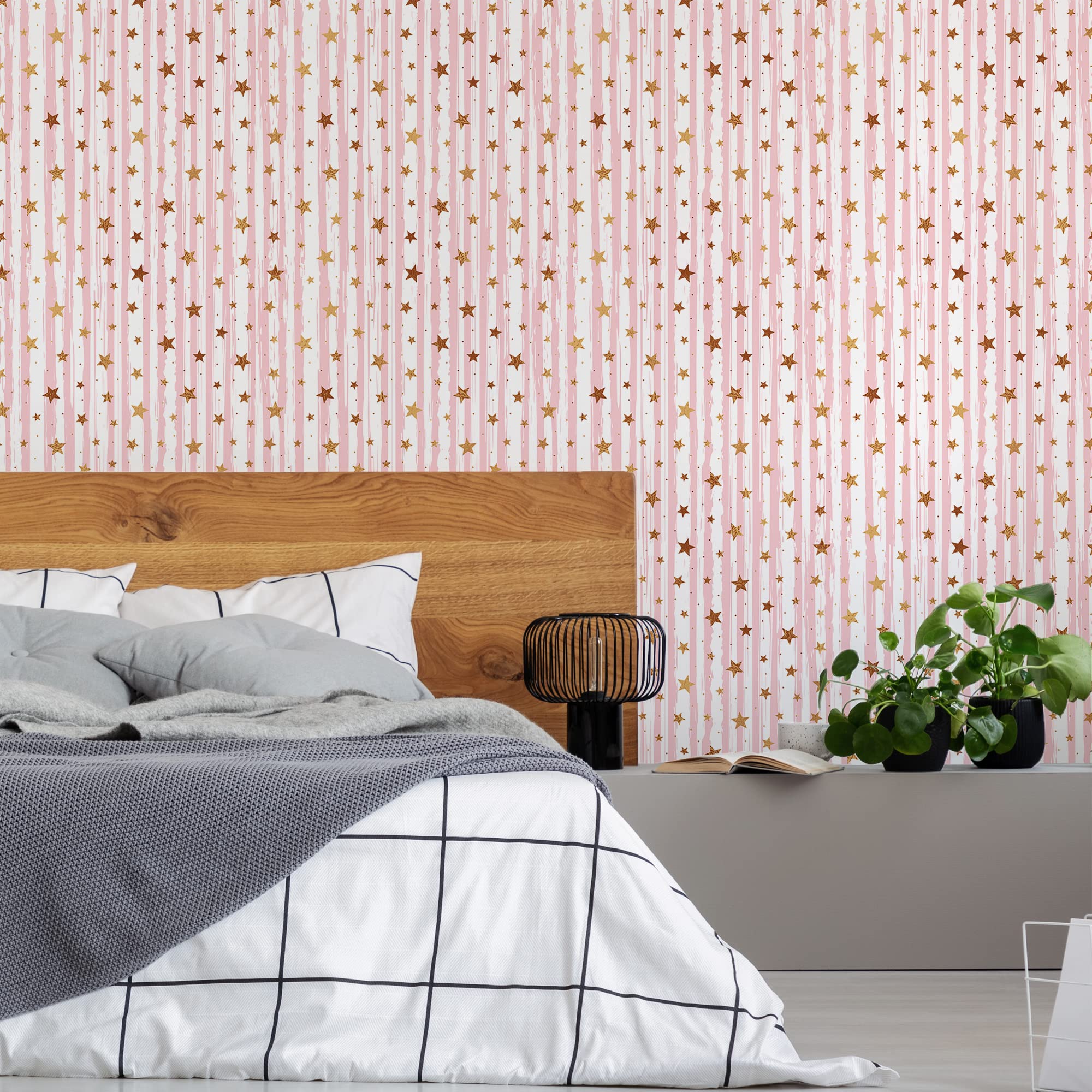 AMAZING WALL Home Modern Peel and Stick Glitter Pink Striped Stars Printed Wallpaper Self Adhesive Bedroom, 15.7*198''