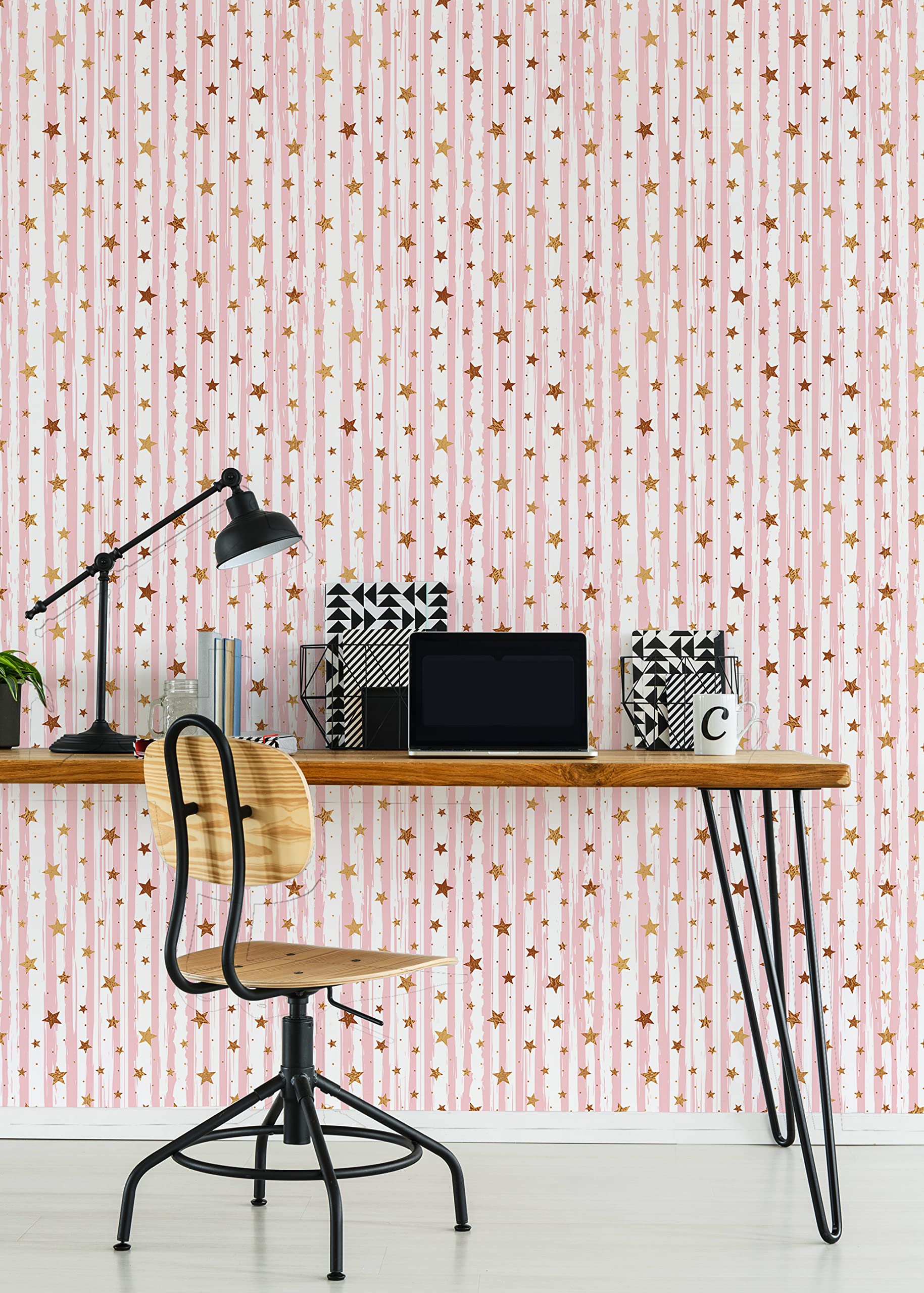 AMAZING WALL Home Modern Peel and Stick Glitter Pink Striped Stars Printed Wallpaper Self Adhesive Bedroom, 15.7*198''