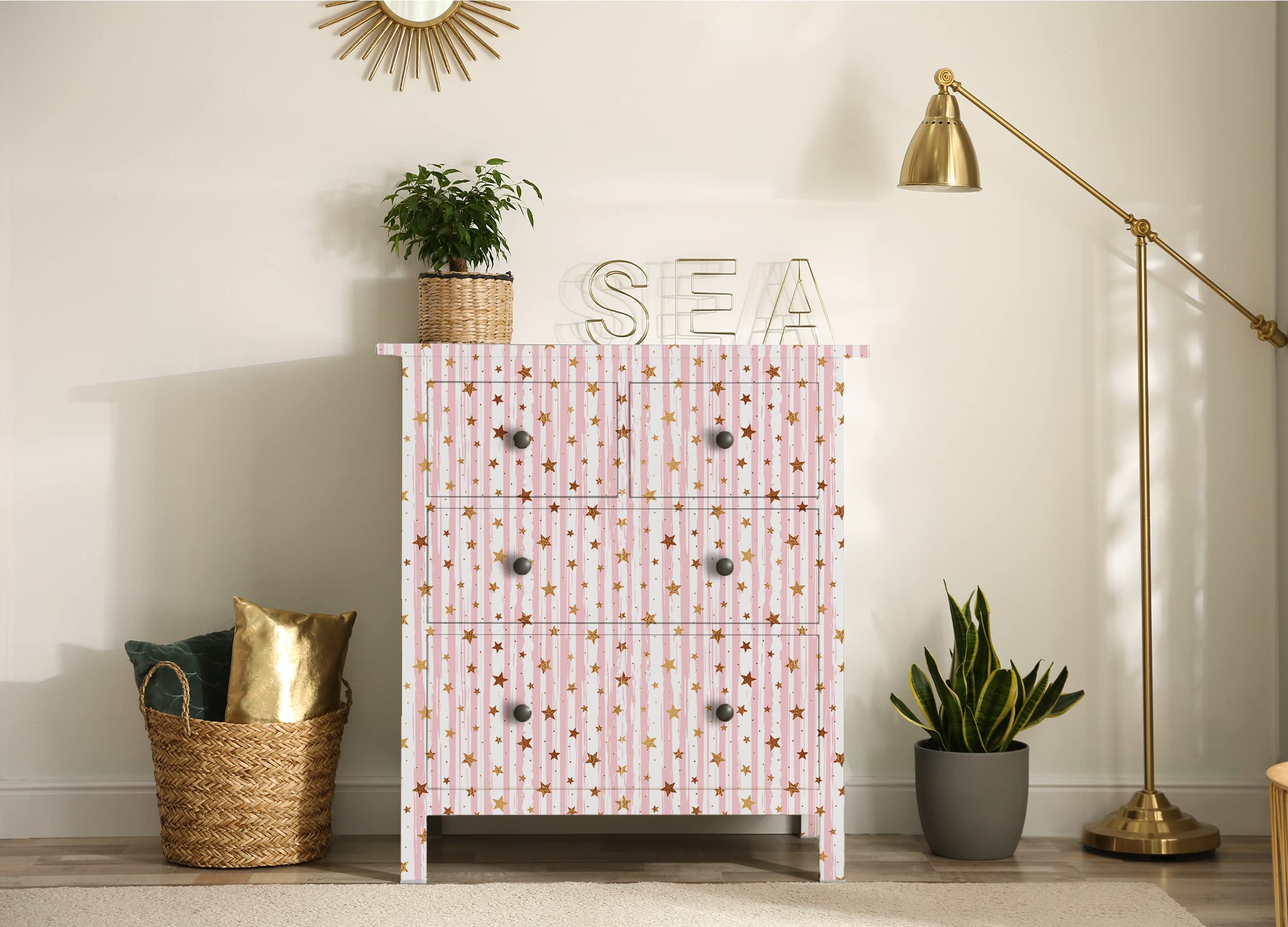 AMAZING WALL Home Modern Peel and Stick Glitter Pink Striped Stars Printed Wallpaper Self Adhesive Bedroom, 15.7*198''